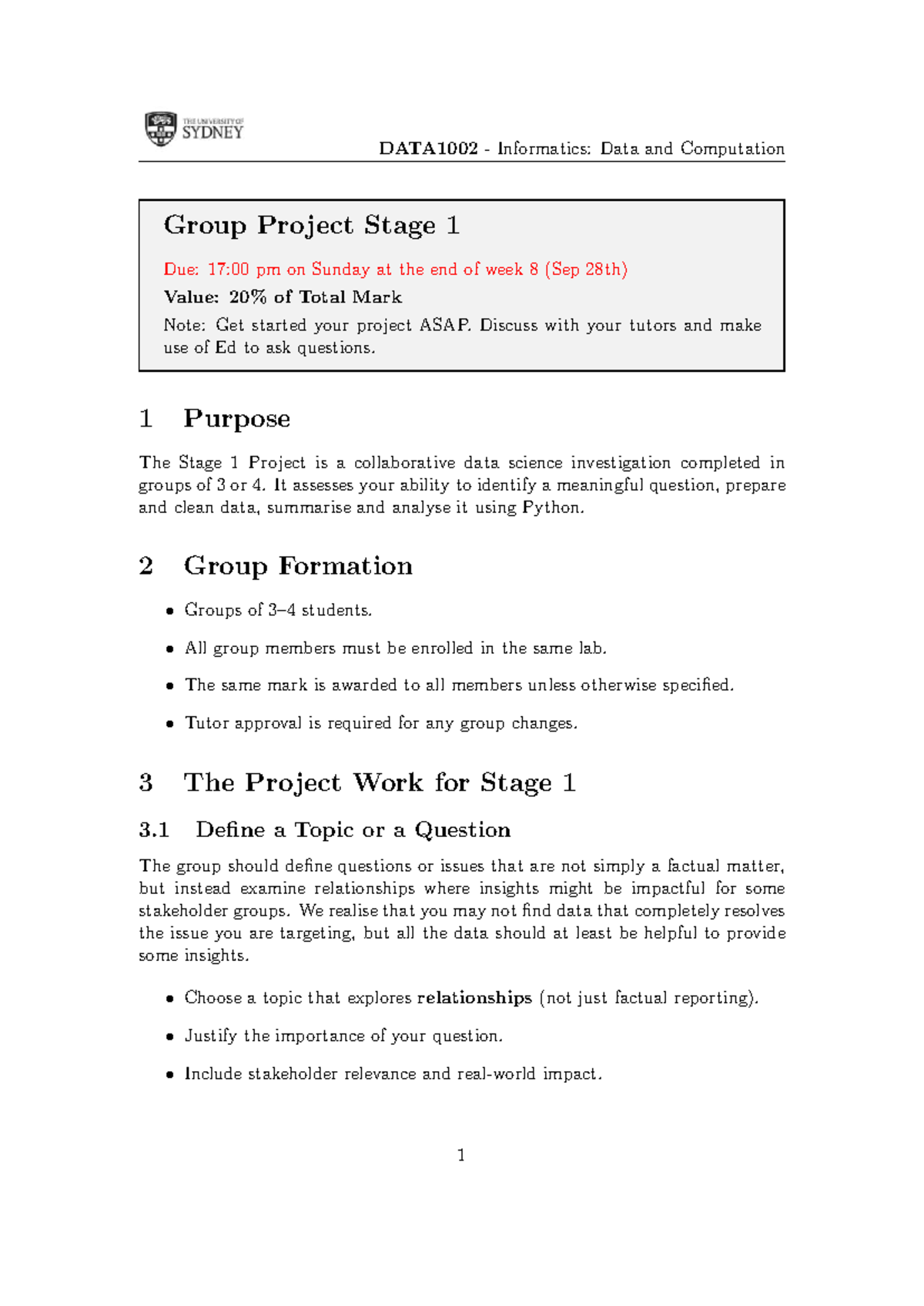 DATA1002 Informatics: Data and Computation Group Project Stage 1 Guide - Studocu