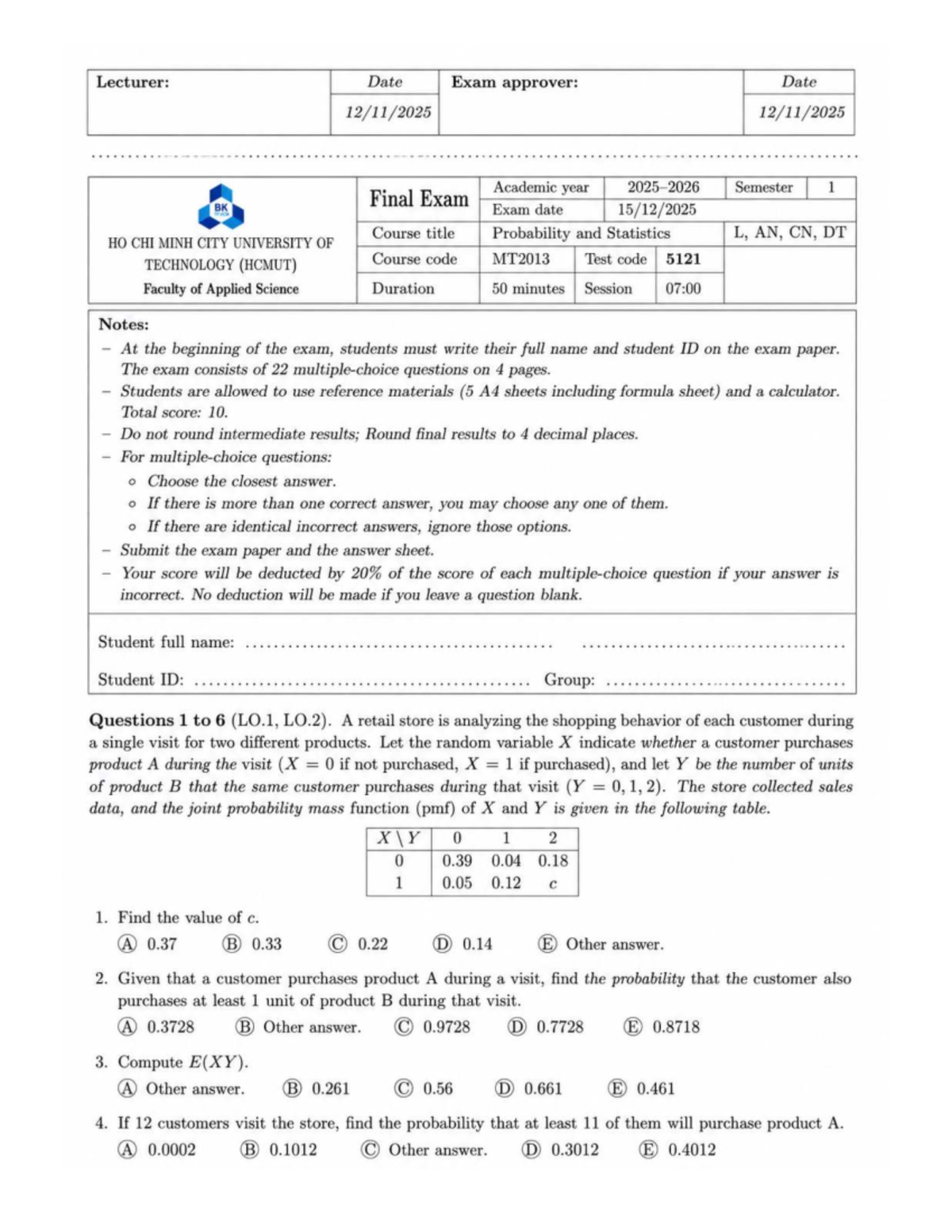 Final Exam MT2013: Probability and Statistics (Semester 1) - Studocu