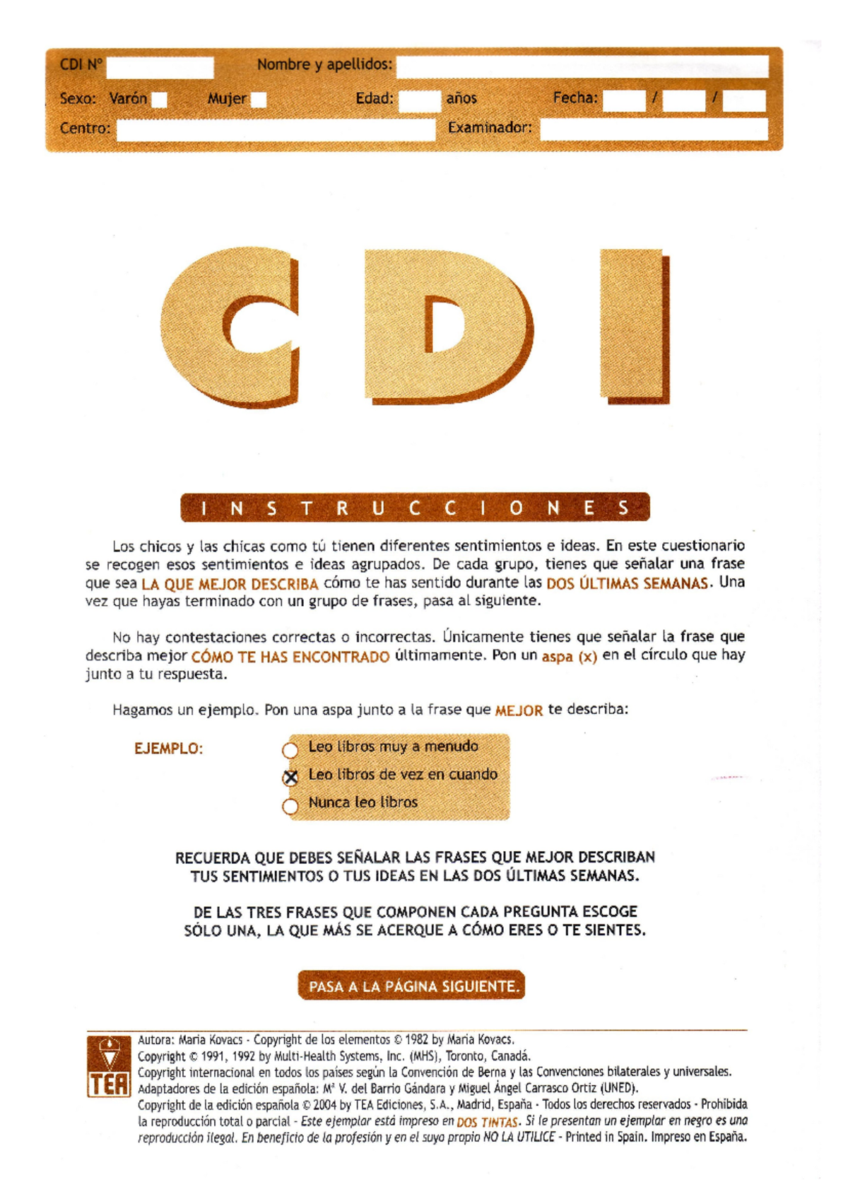 CDI Depresión - Respuestas y Calificación del Test para Niños y ...