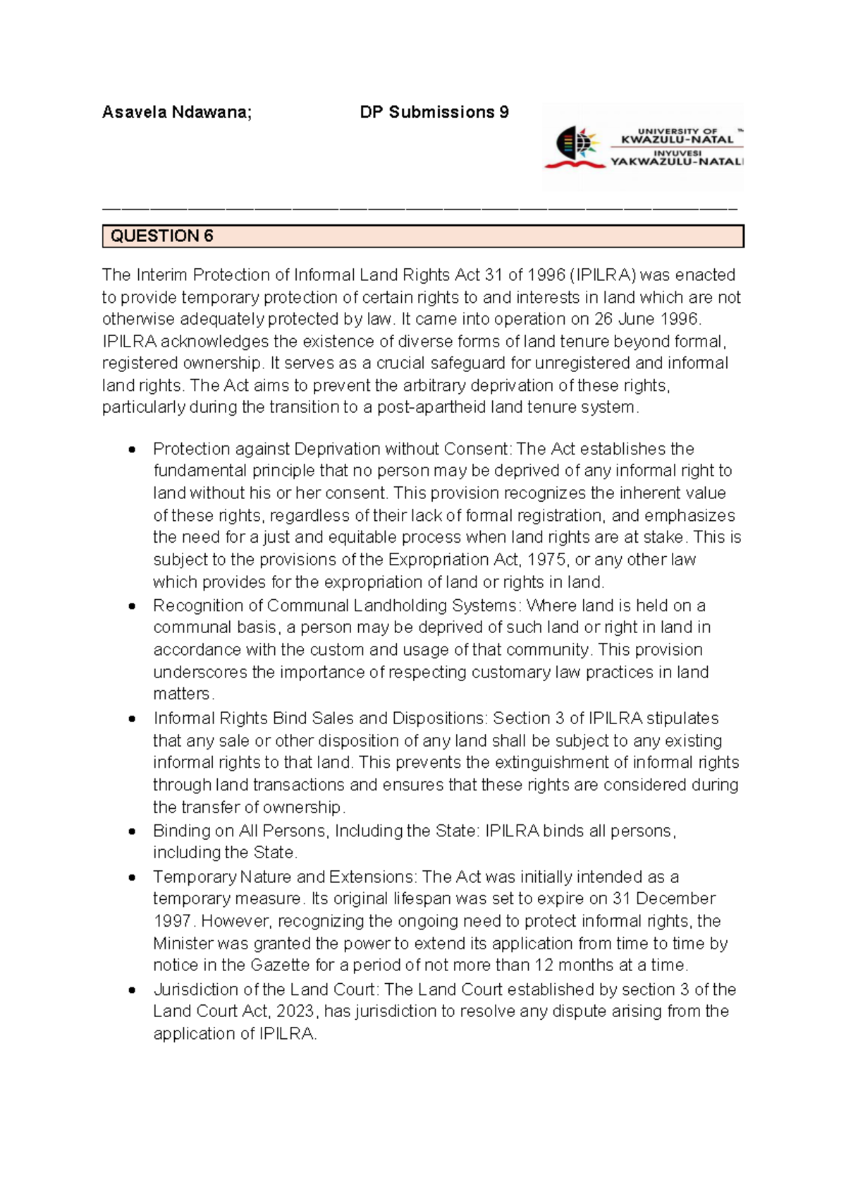 Property Law DP Submission 9: Analysis of IPILRA & Communal Land Tenure Bill - Studocu