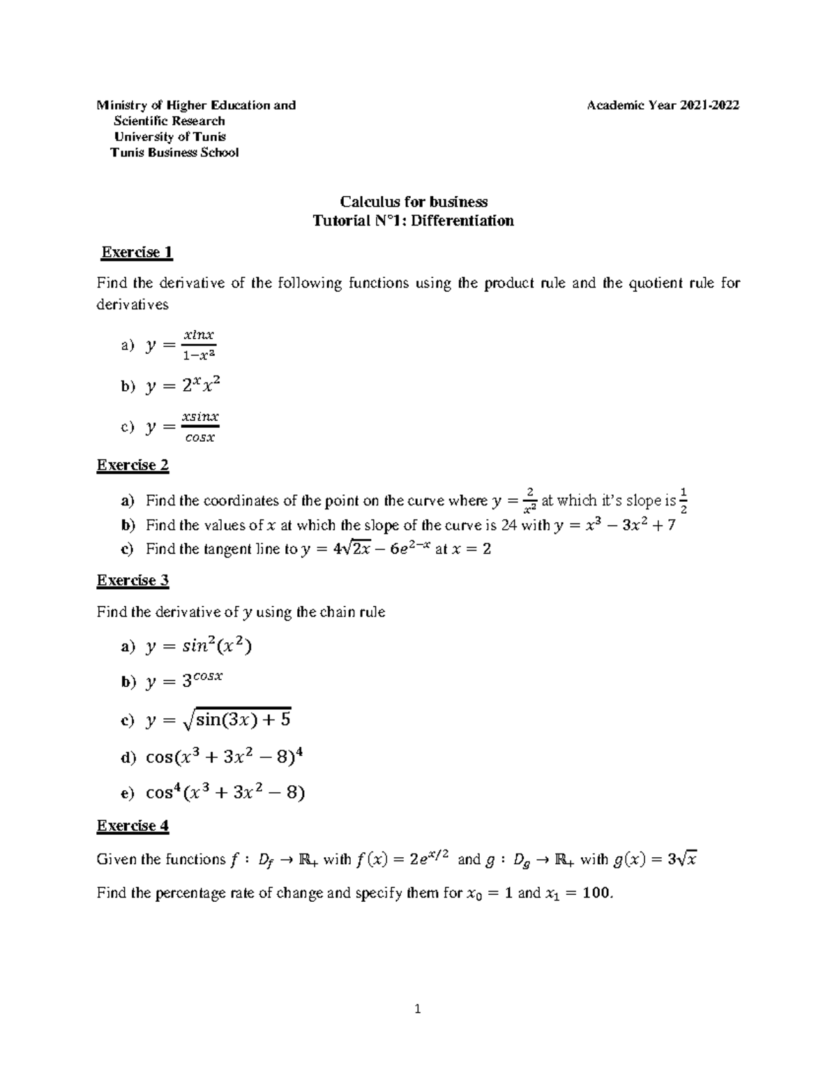 Calculus for Business (MATH101) Tutorial 2: Differentiation Exercises ...