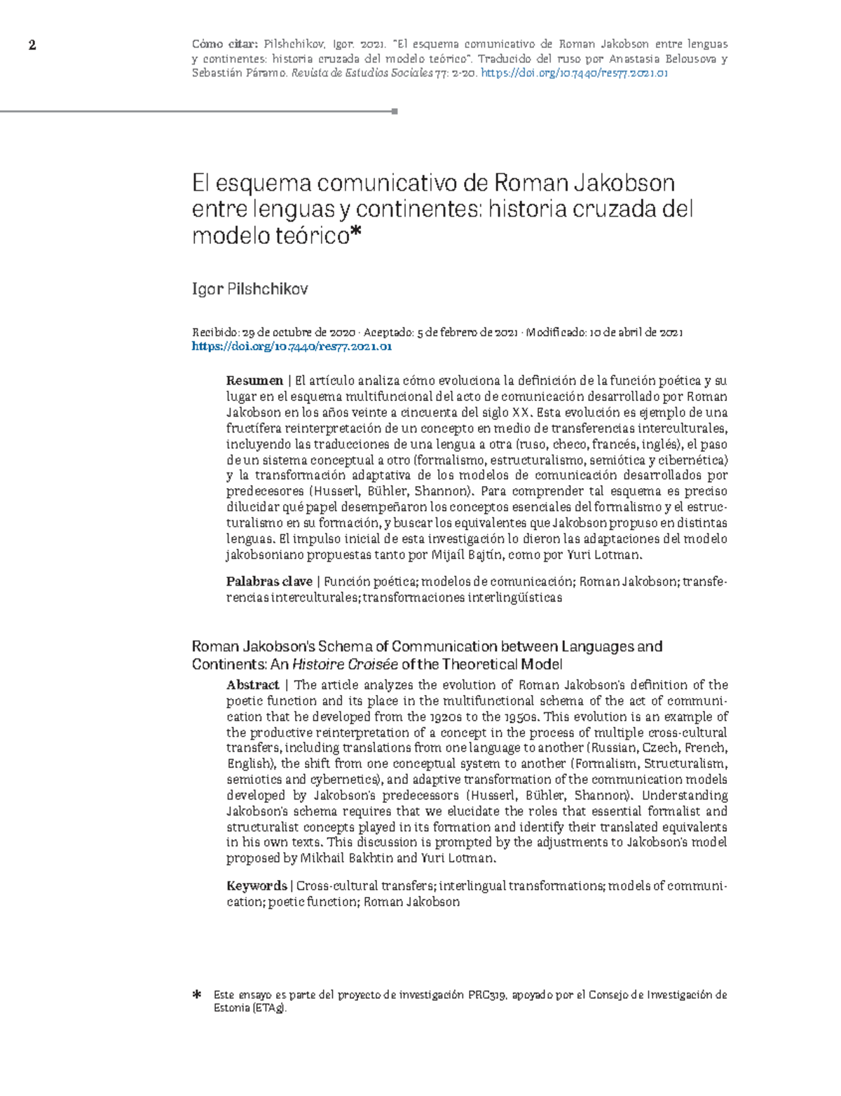 El esquema comunicativo de Roman Jakobson: historia cruzada del modelo ...