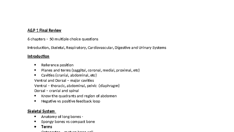A&P 1 Final Exam Review: Key Concepts in Human Anatomy Systems - Studocu