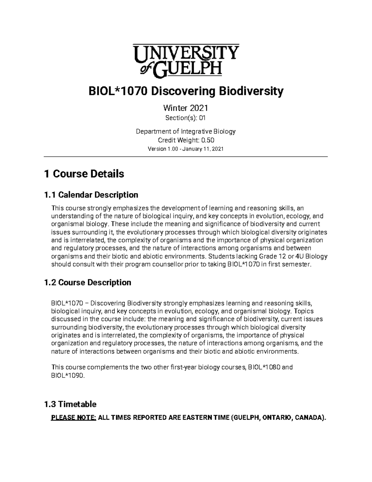 BIOL 1070 01 W21 - Discovering Biodiversity Course Outline - Studocu