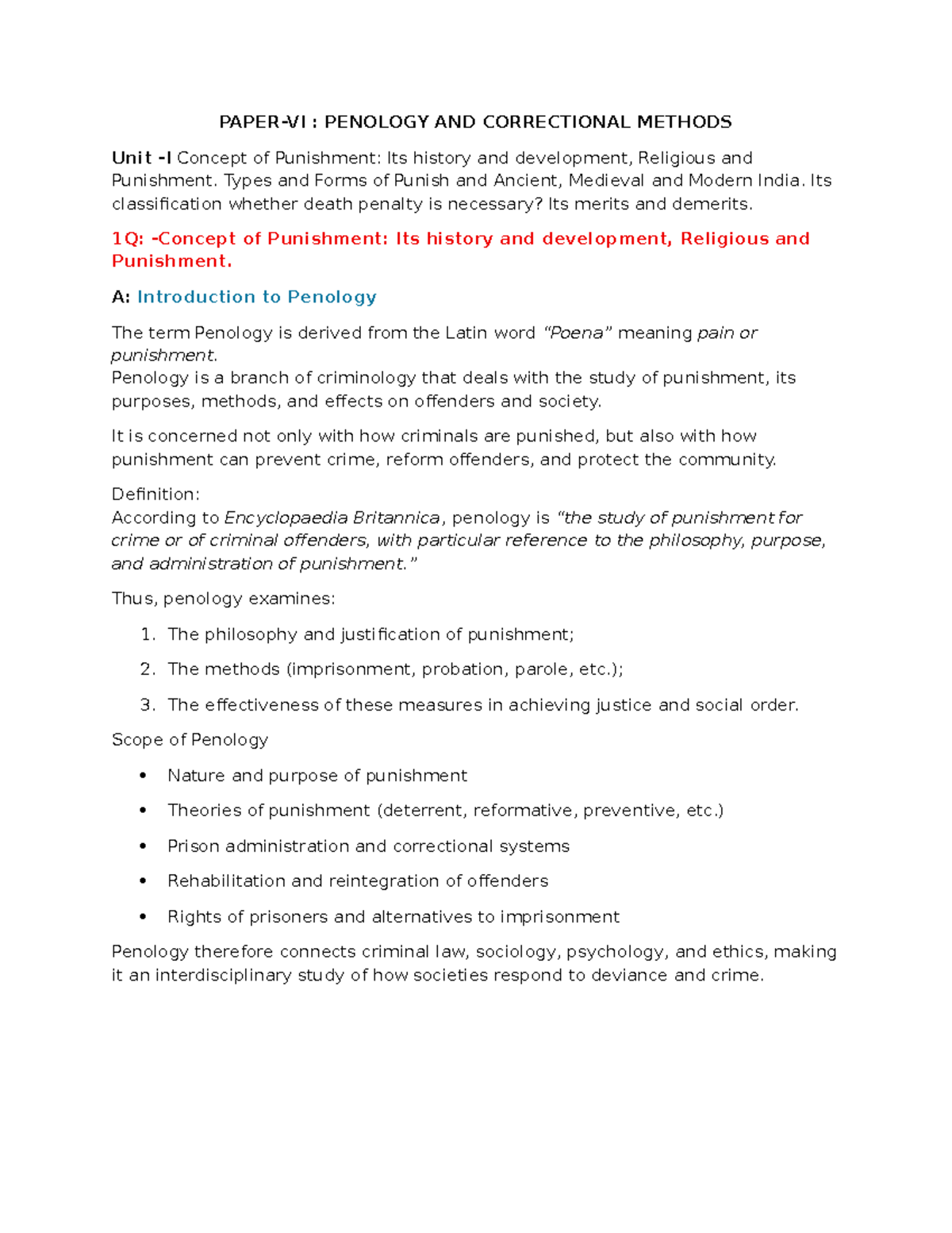 Penology and Correctional Methods: SEM-II Notes on Punishment Concepts ...