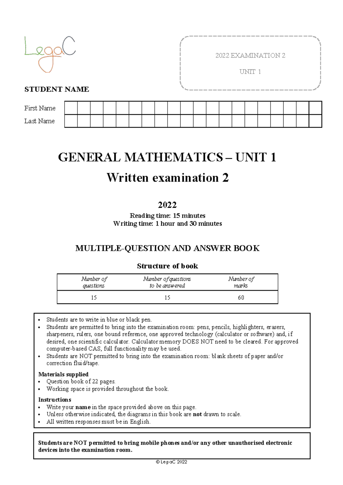 2022 GENMATH UNIT 1 EXAM 2 Paper and Instructions - Studocu