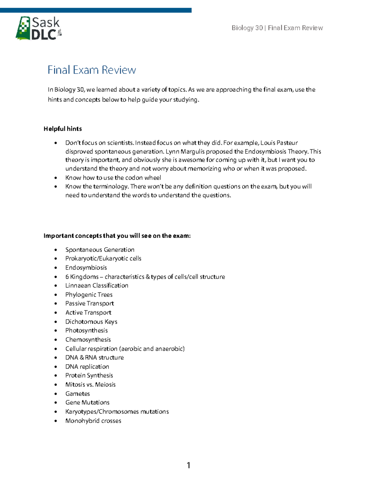Biology 30 | Final Exam Review Guide & Study Tips for Success - Studocu