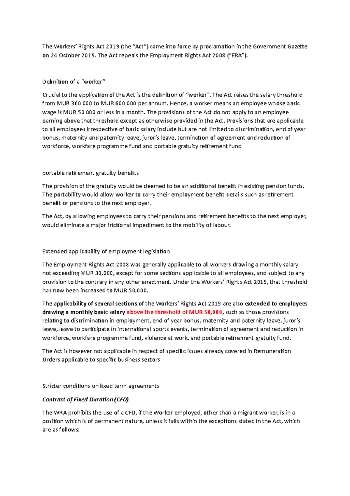 WRA2019: Comprehensive Overview of the Workers’ Rights Act 2019 - Studocu