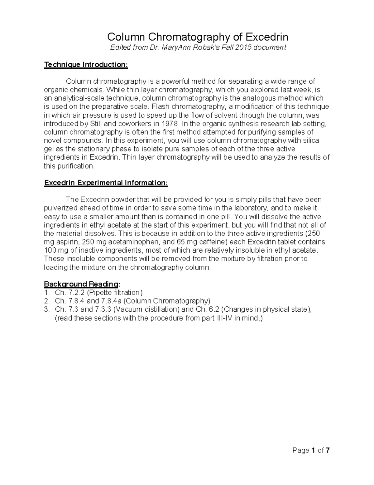 Lab FProcedure 3AL Spring 2019 - Column Chromatography of Excedrin ...