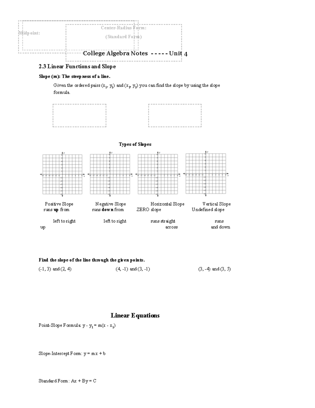 Midpoint and Linear Functions Notes (College Algebra Unit 4) - Studocu