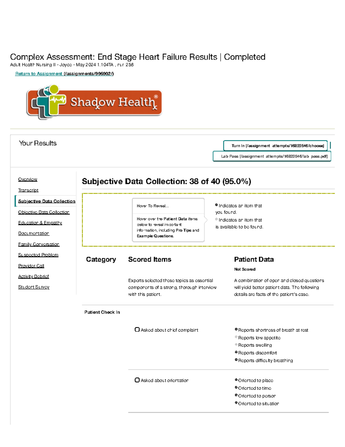 Subjective Data in End Stage Heart Failure: Adult Health Nursing II ...