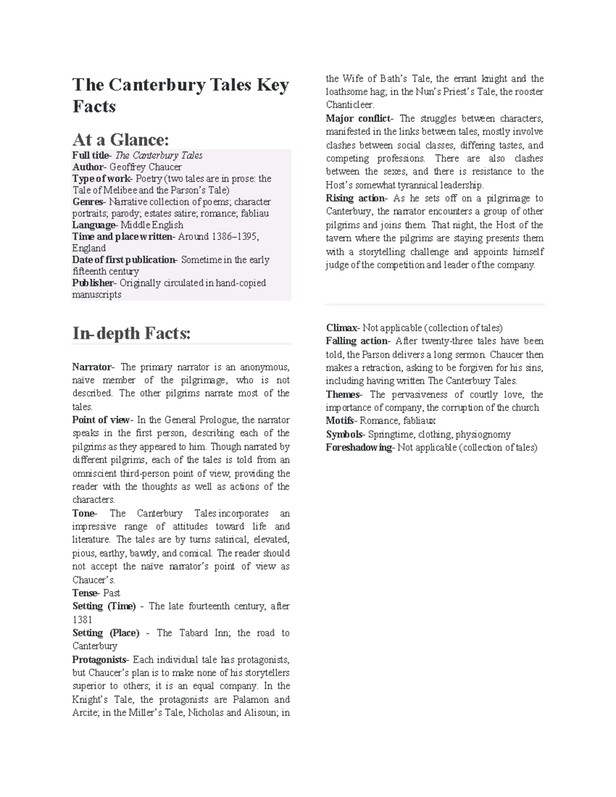 The Canterbury Tales (ENG 101) Key Facts Overview - Studocu