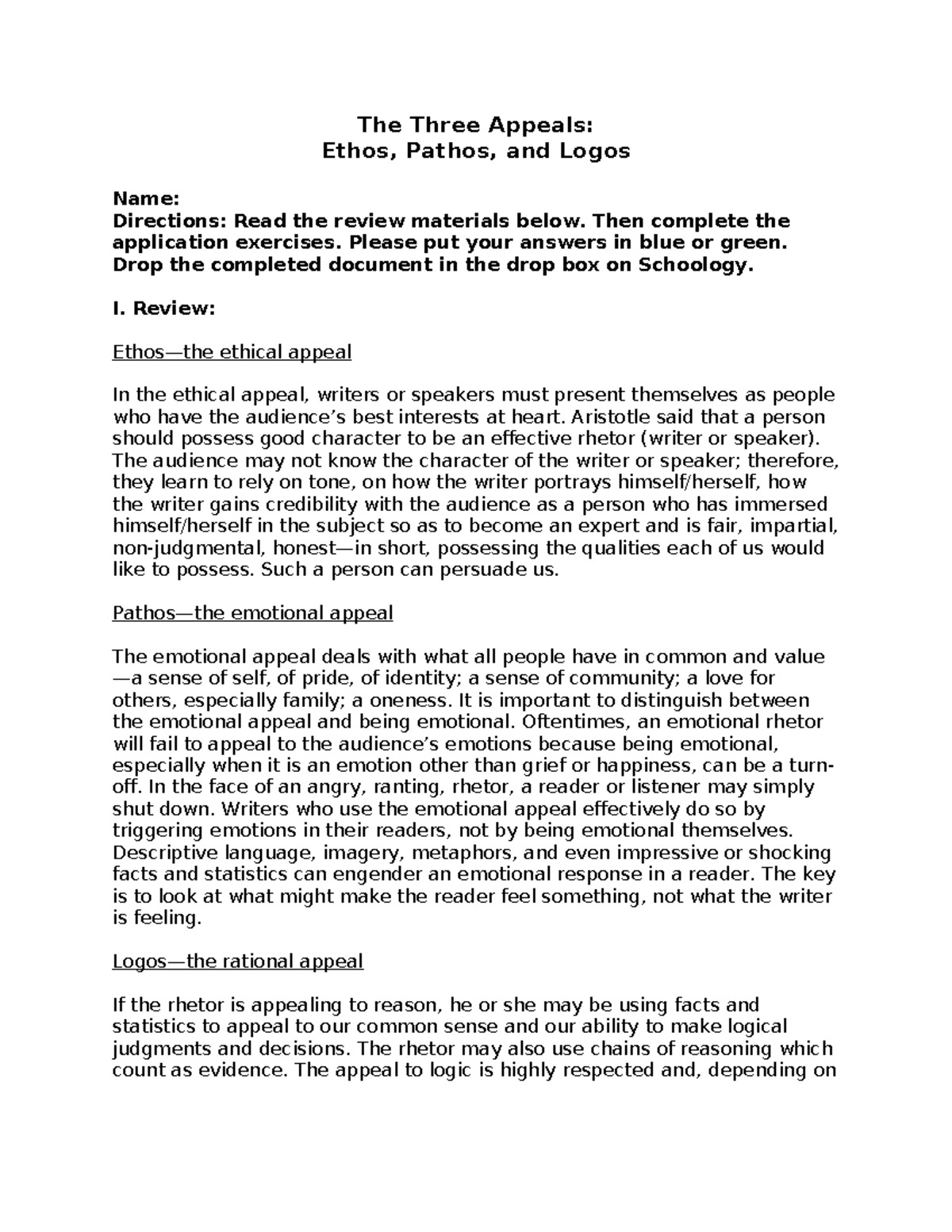 The Three Appeals: Ethos, Pathos, and Logos Notes for Rhetorical Essay ...