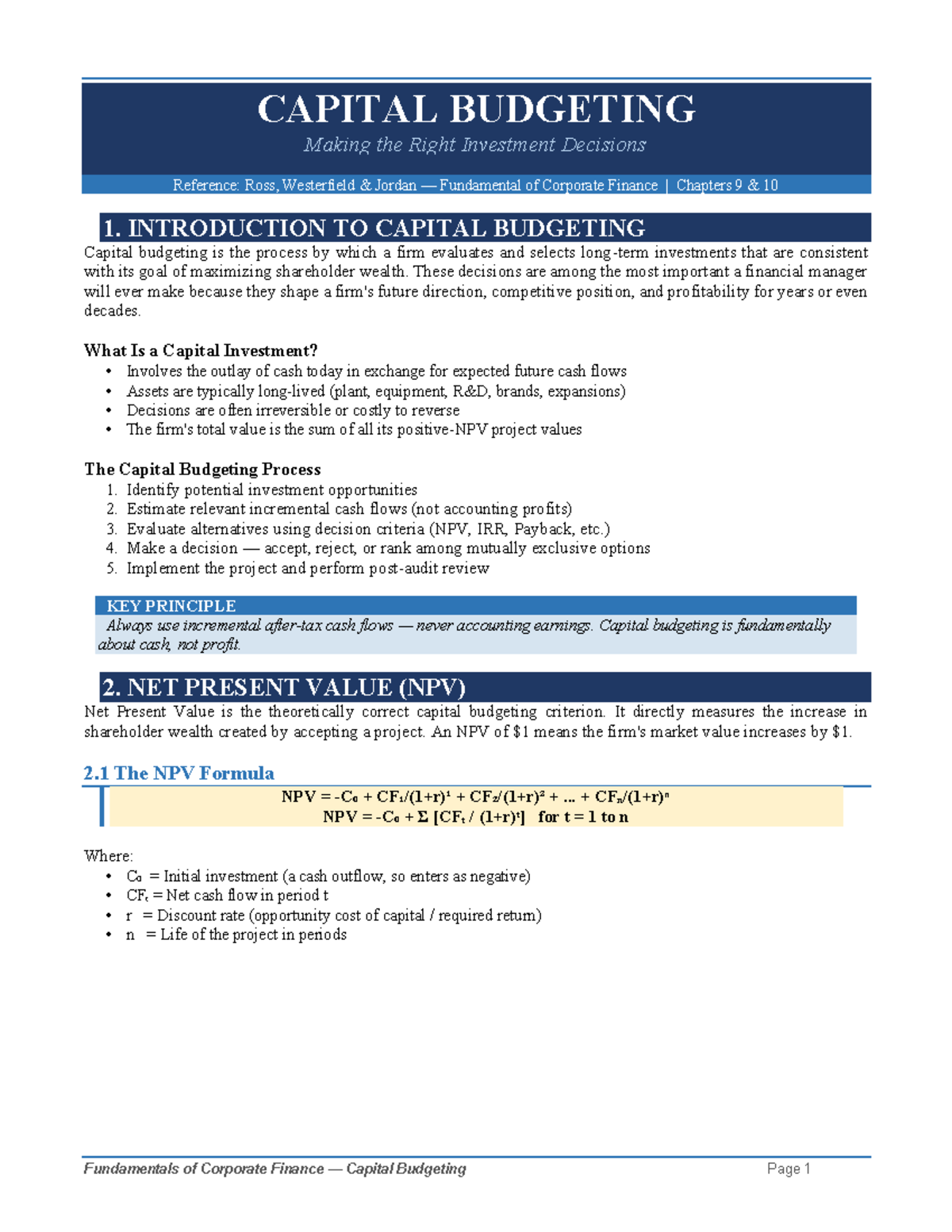 Fundamentals of Corporate Finance: Capital Budgeting Lecture Notes ...