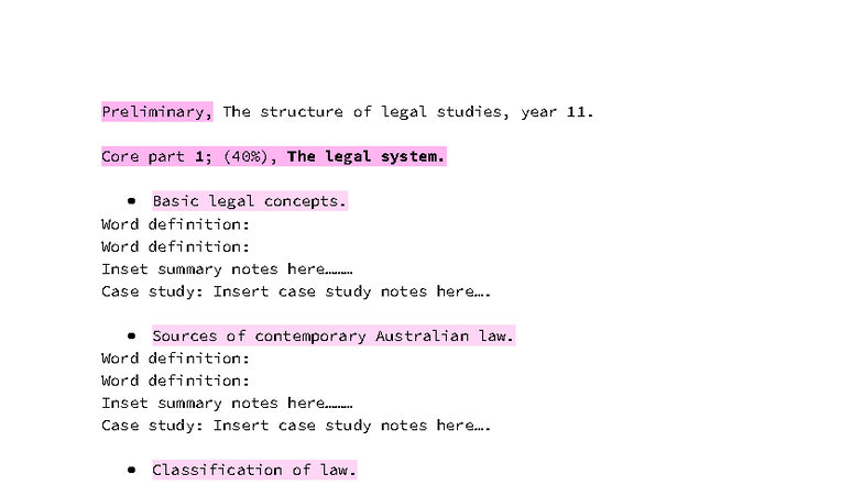 Legal Studies Year 11: Preliminary Study Template & Notes - Studocu