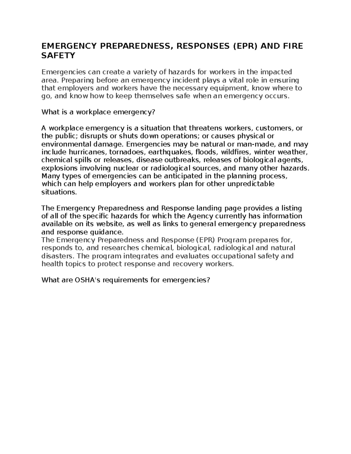 Emergency Preparedness - EMERGENCY PREPAREDNESS, RESPONSES (EPR) AND ...