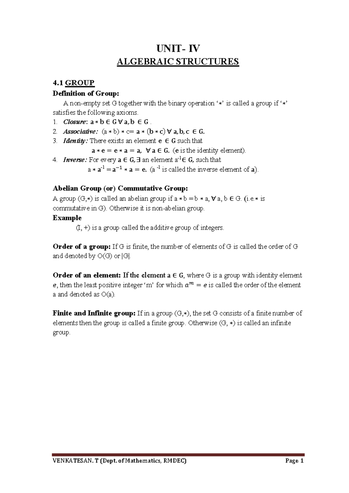 UNIT 4 - Algebraic Structures: Groups and Their Properties - Studocu