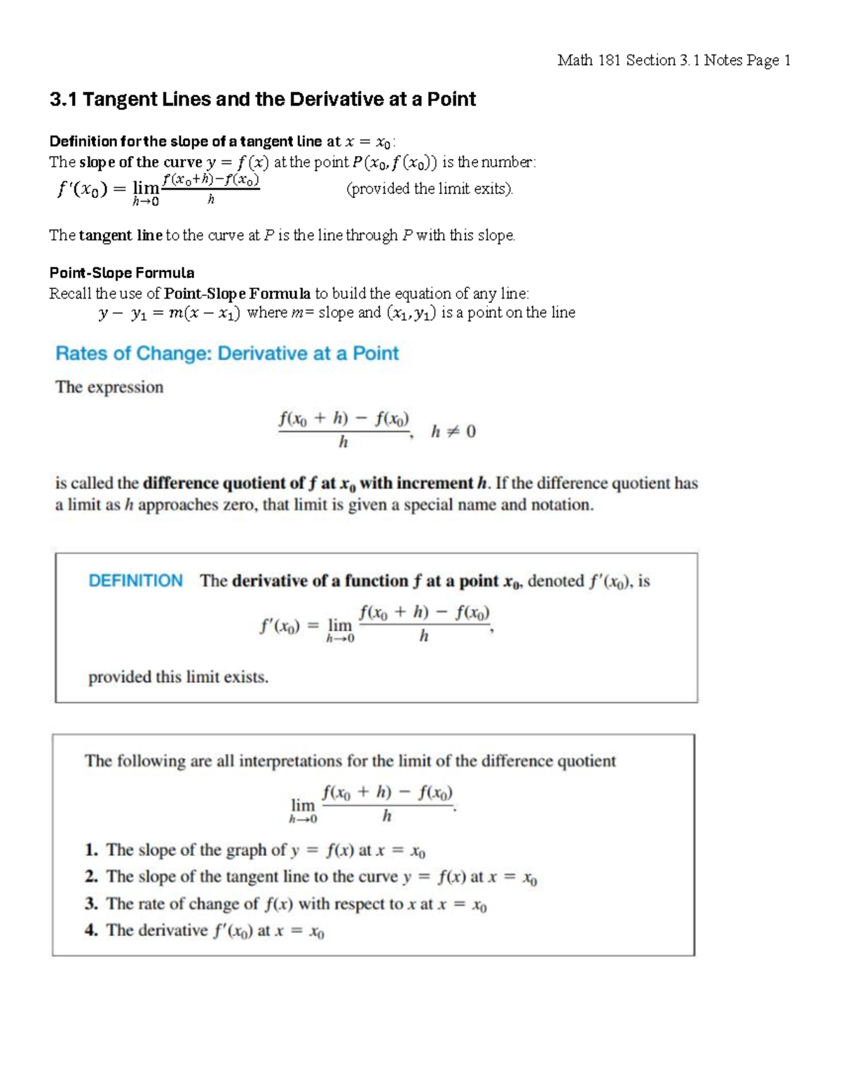 Math 181 Guided Notes: Tangent Lines & Derivatives (3.1) - Studocu