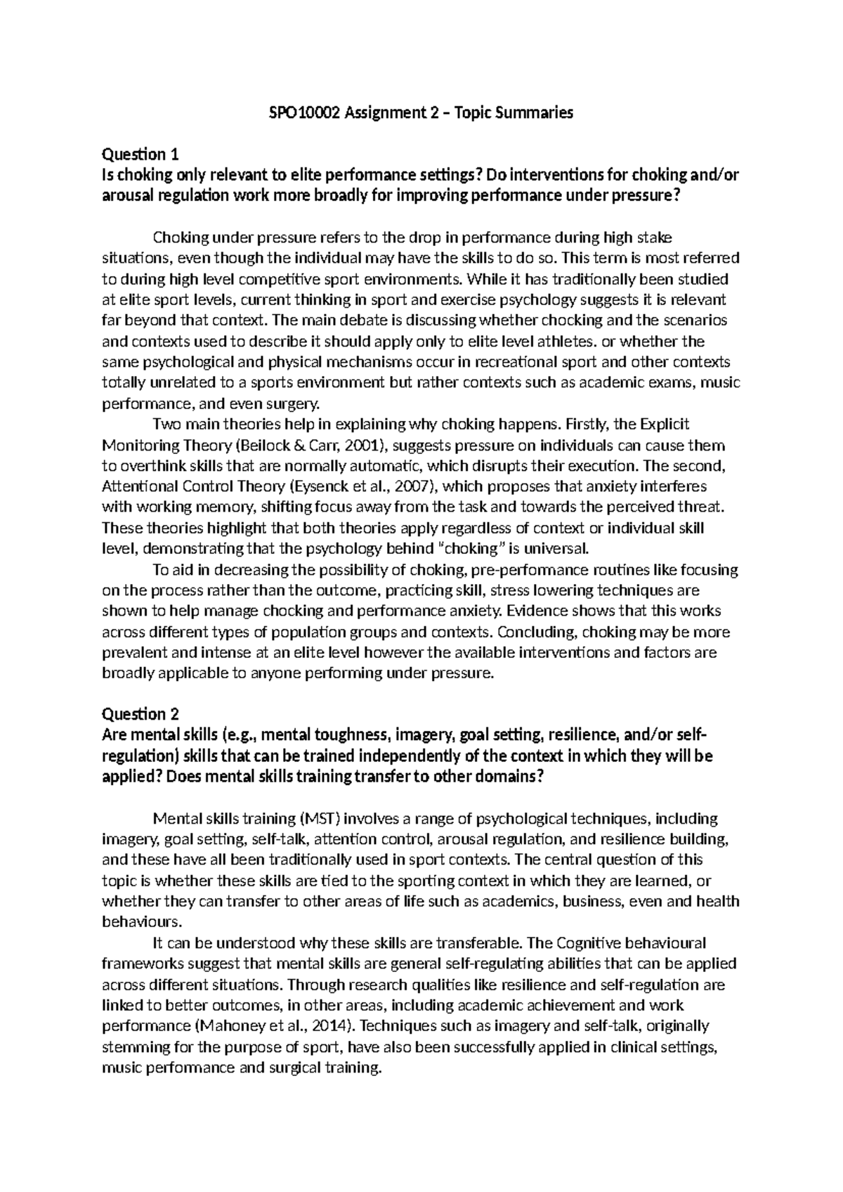 Assignment 2: Topic Summaries on Choking, Mental Skills, and ...
