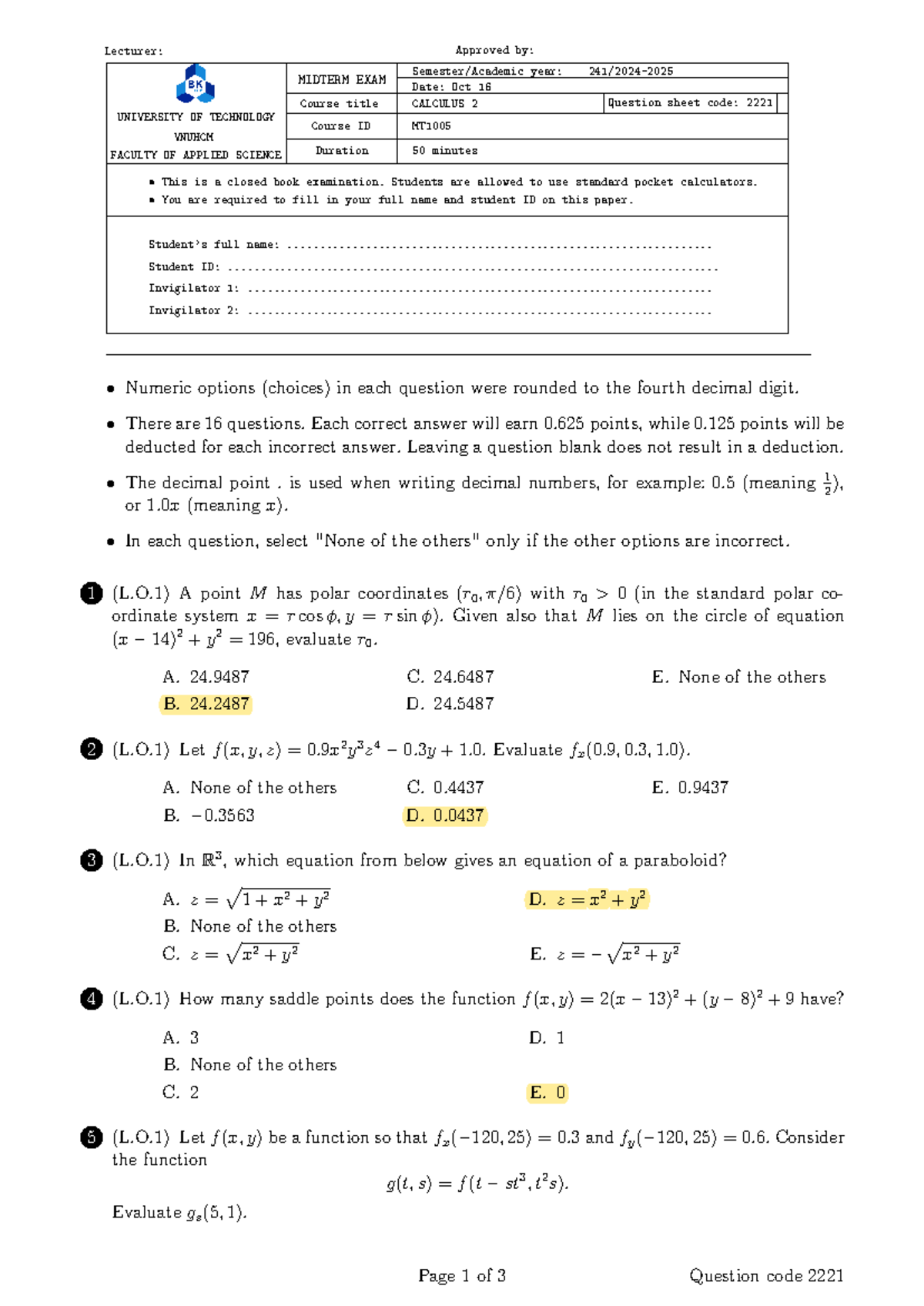 CALCULUS 2 MIDTERM EXAM MT1005 - UNIVERSITY OF TECHNOLOGY VNUHCM - Studocu