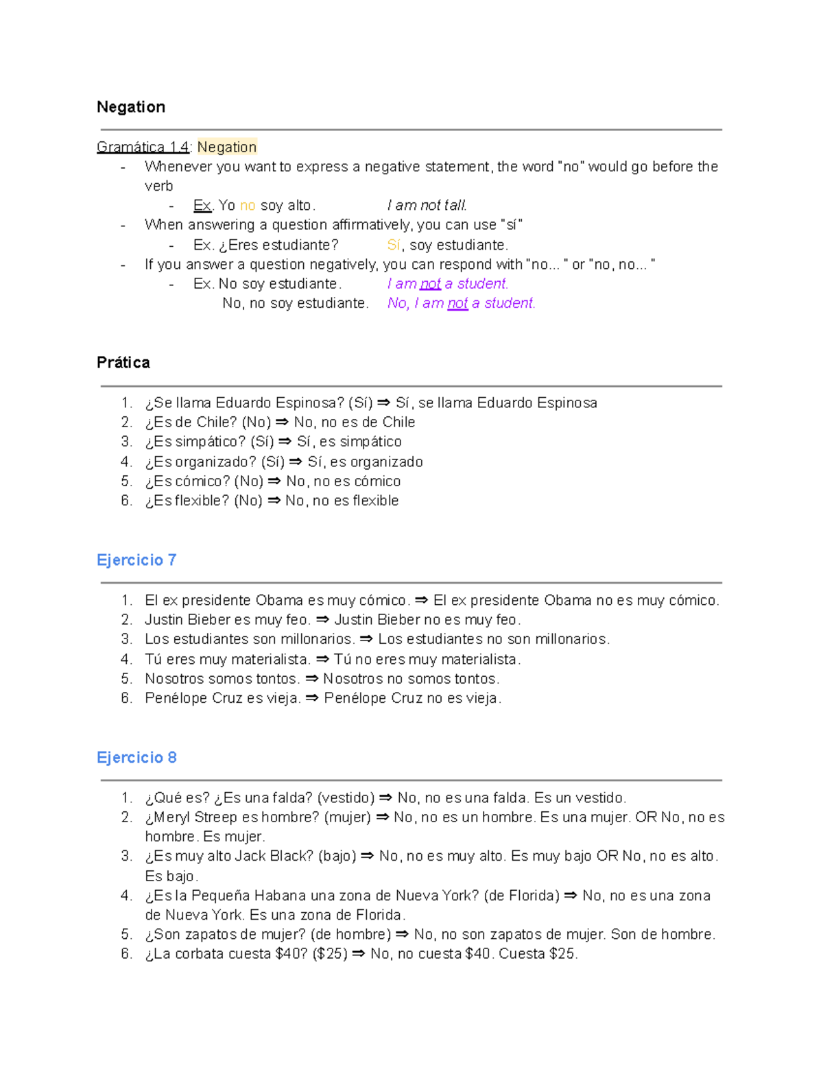Grammar 1.4: Understanding and Applying Negation in Spanish - Studocu