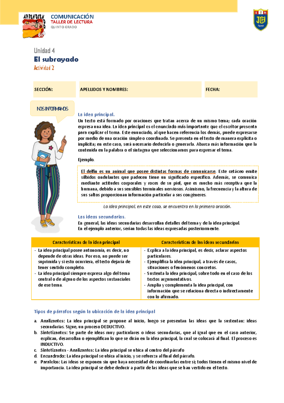 COMUNICACIÓN TALLER DE LECTURA QUINTO GRADO - ACTIVIDAD 2: EL SUBRAYADO ...