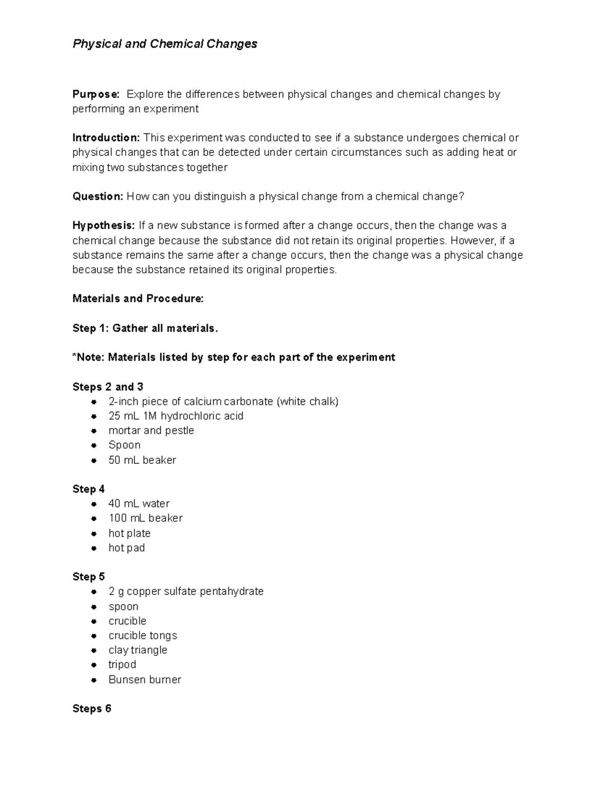 Physical and Chemical Changes Lab Report: Experiment Analysis - Studocu