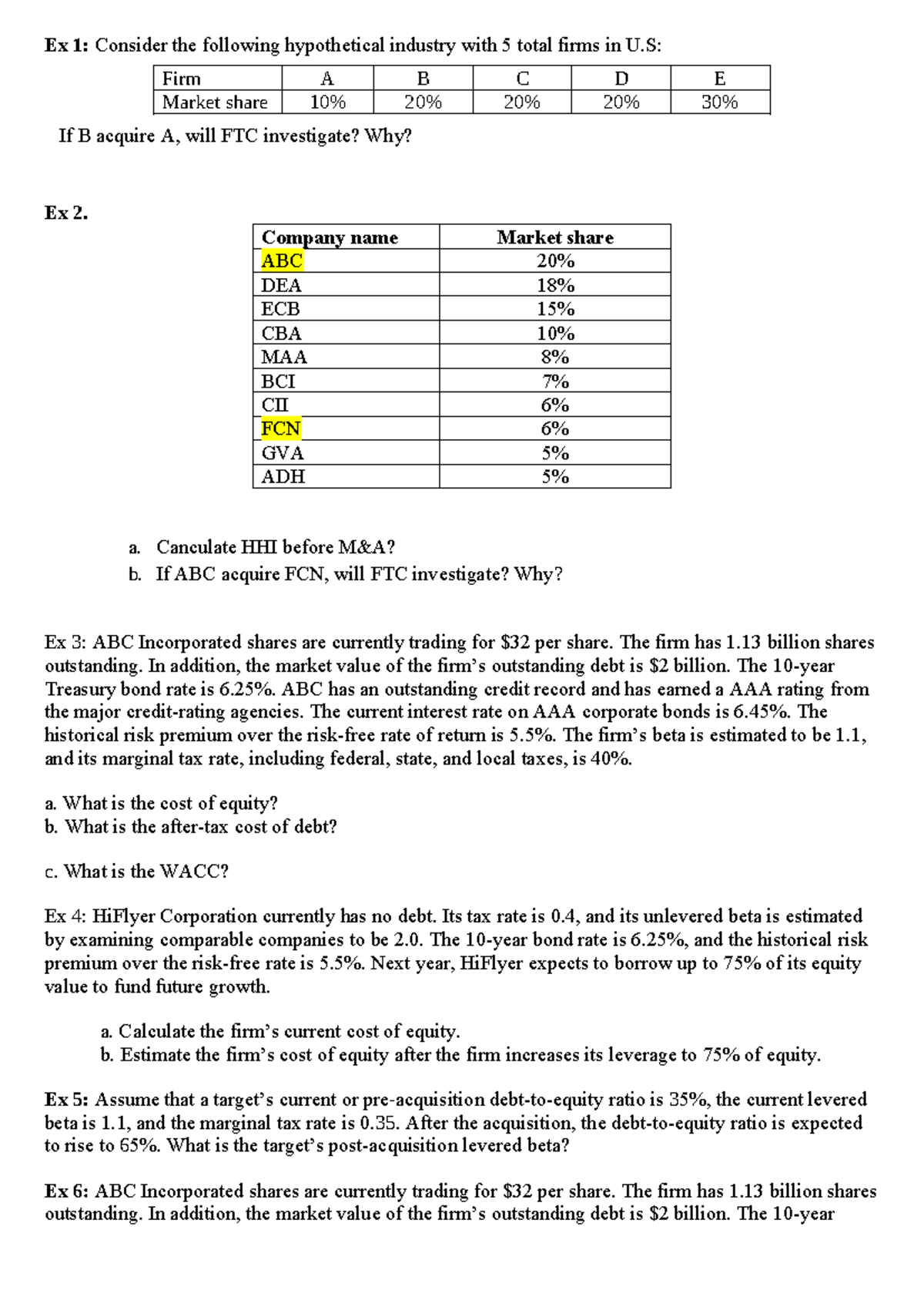 Exercise 1: FTC Investigation & HHI Analysis in Hypothetical Industry ...