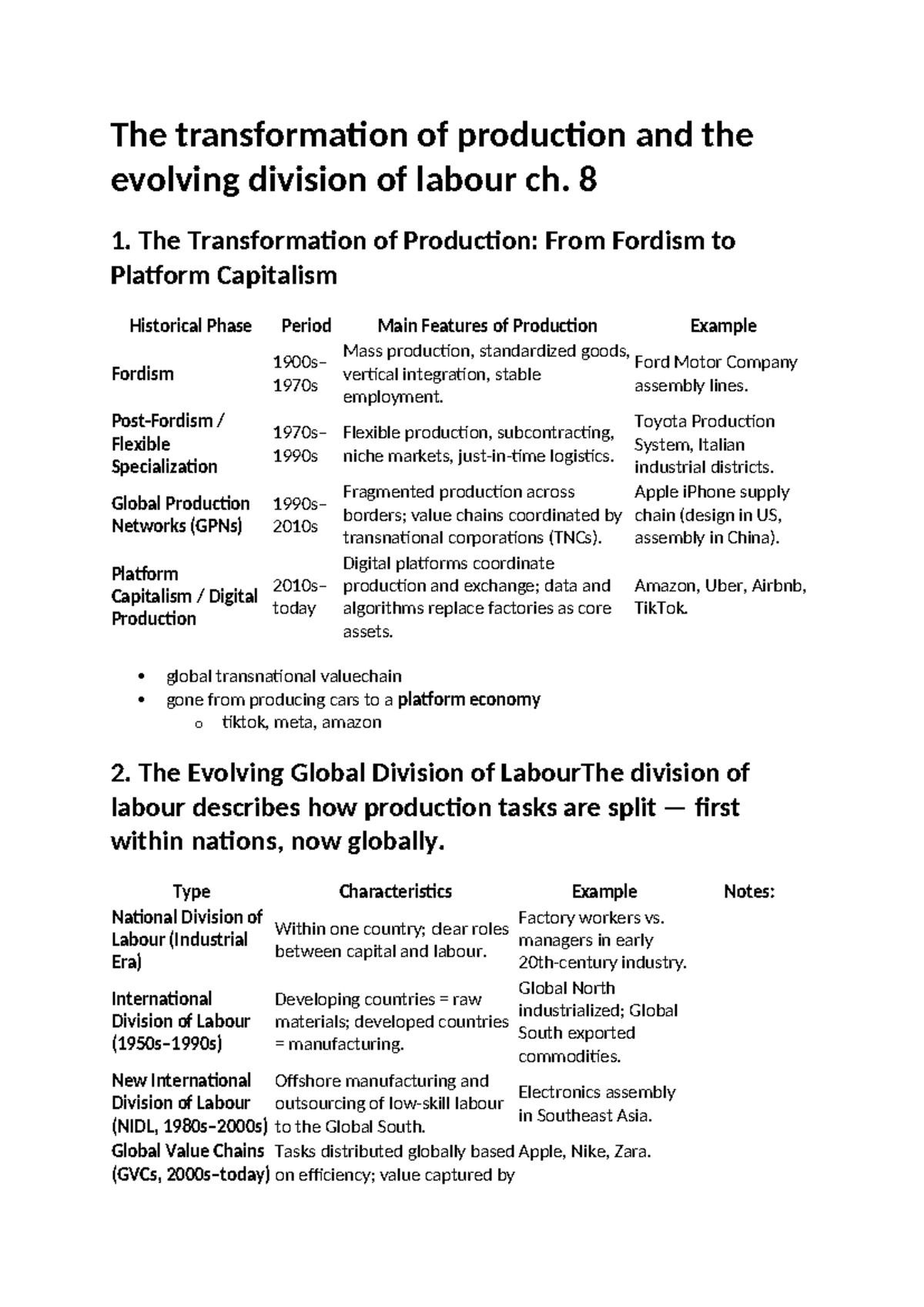 The Transformation of Production and Labour Division: Ch. 8 Notes ...