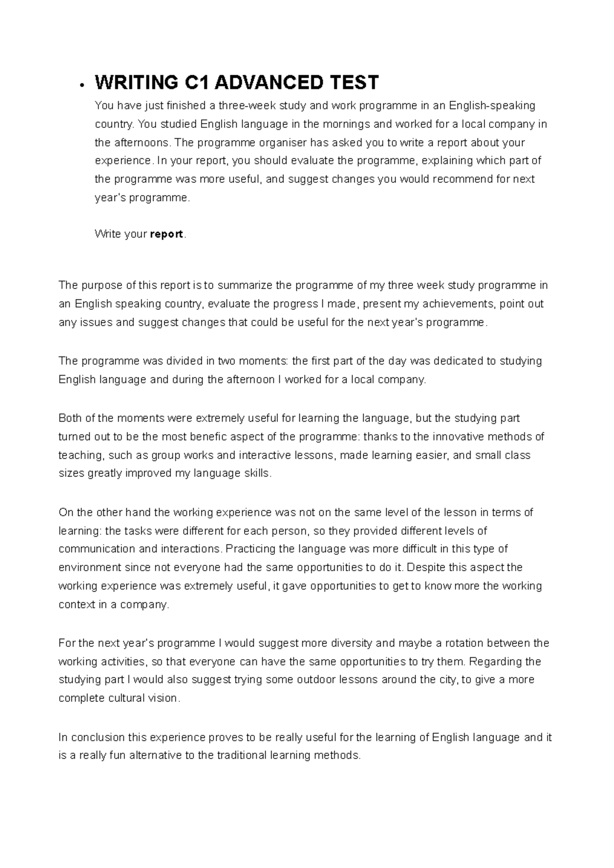 C1 Advanced Writing Test Report: Study & Work Experience Evaluation ...