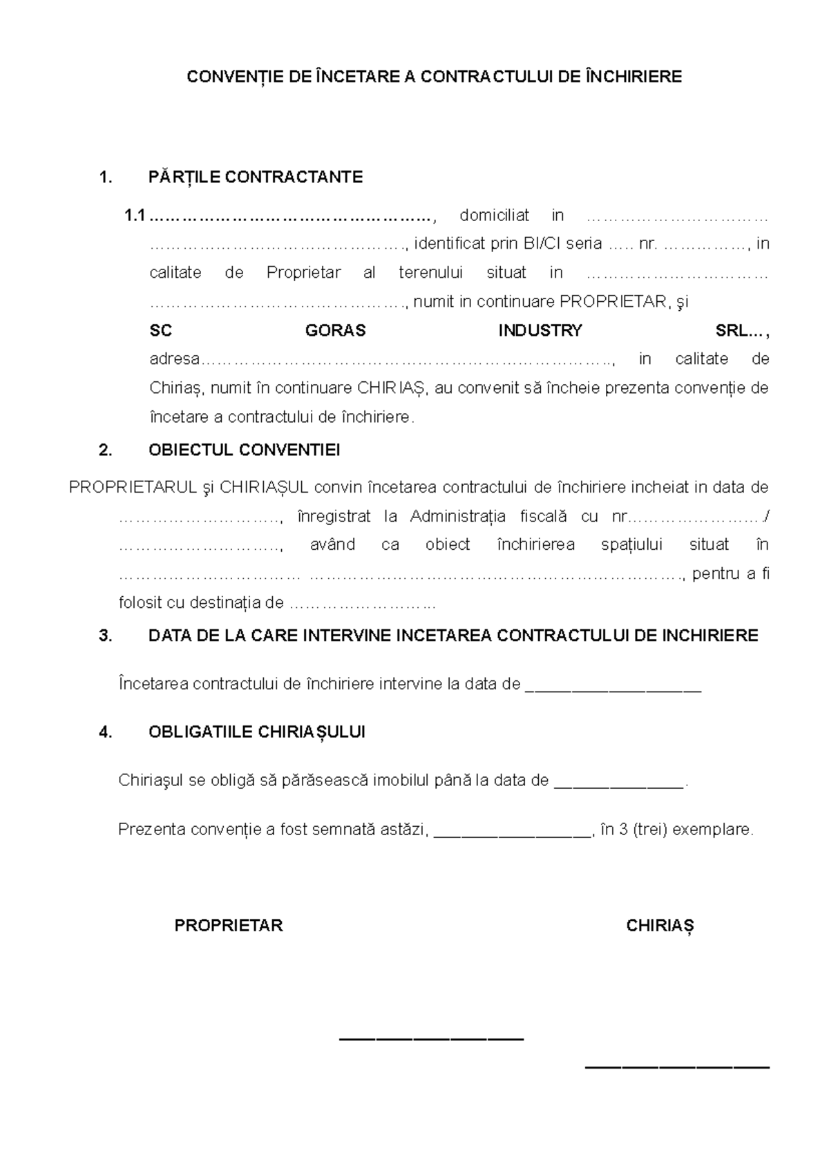 Act adițional încetare contract spațiu - CONVENŢIE DE ÎNCETARE A ...