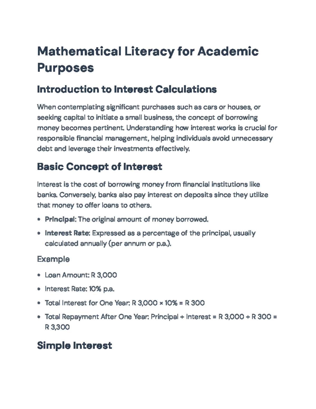 Mathematical Literacy for Academic Purposes: Interest Calculations ...