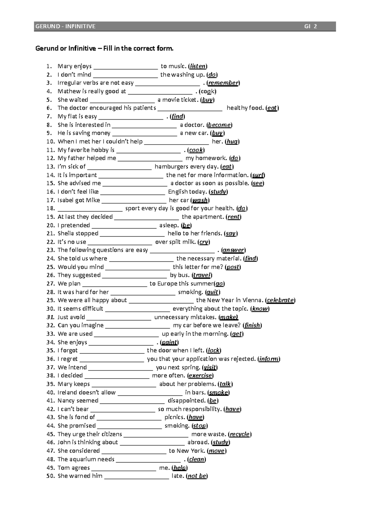 GER 2 Gerund and Infinitive Exercises: Fill in the Correct Form - Studocu