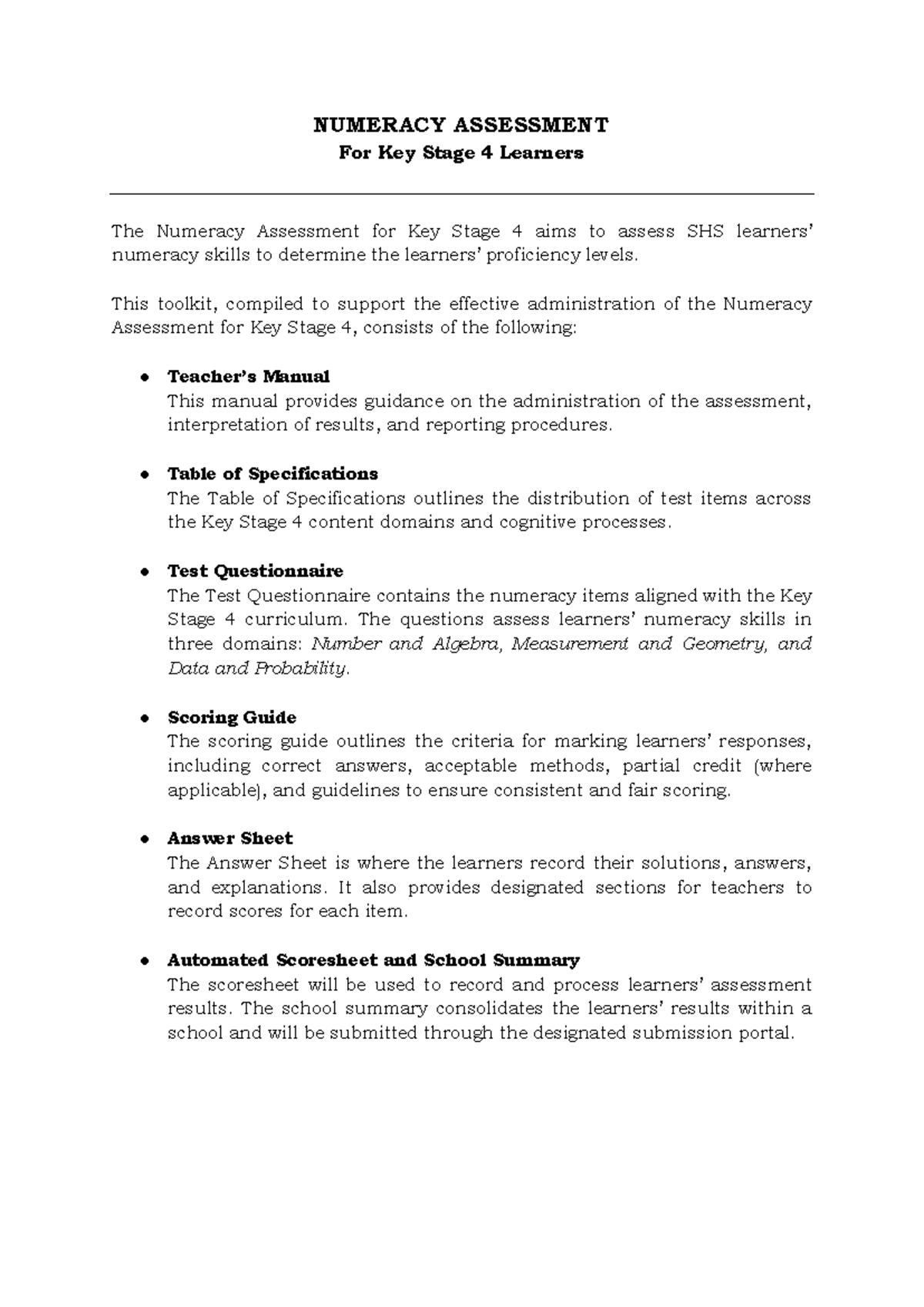 NUMERACY ASSESSMENT (KS4) Teachers' Manual & Guidelines - Studocu