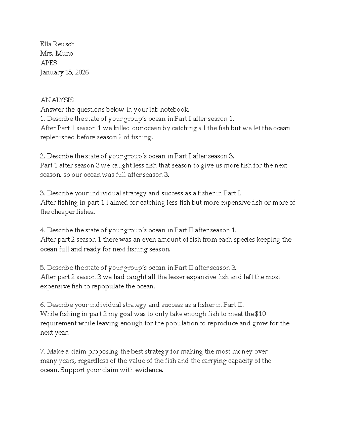 APES Lab: Sustainability Analysis & Strategies for Ocean Fishing - Studocu