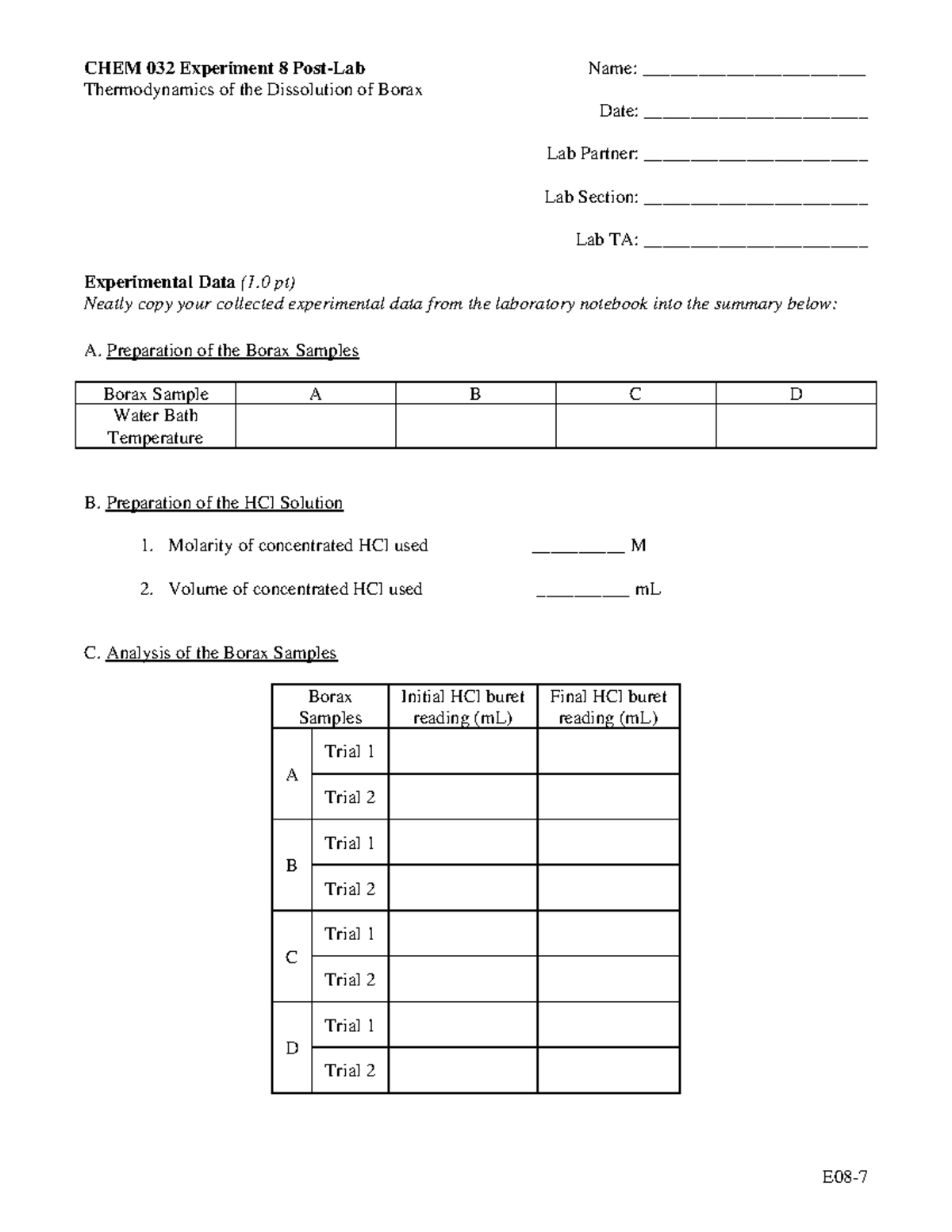 Chem 032 Experiment 8 Post-Lab - CHEM 032 Experiment 8 Post-Lab Name ...