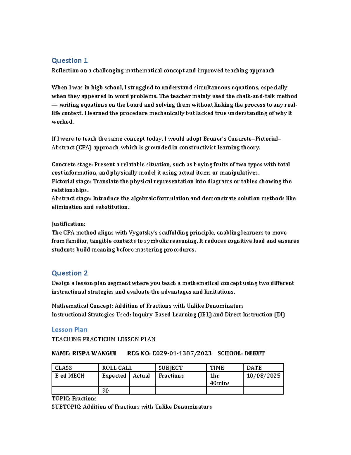 Mathematics Teaching Methods: Reflection & Lesson Plan (B Ed) - Studocu