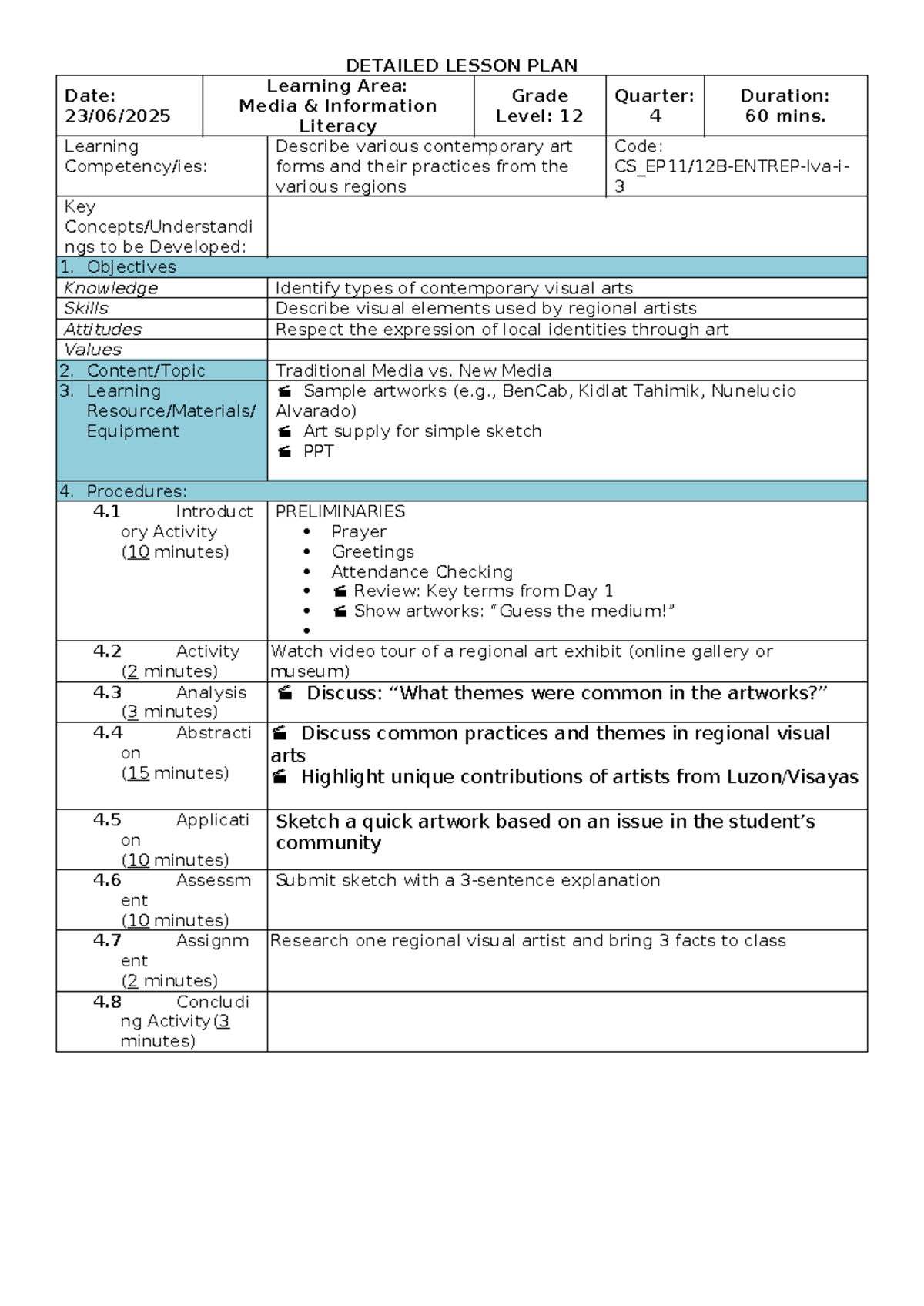 Grade 12 Media Information Literacy: Detailed Lesson Plan on ...