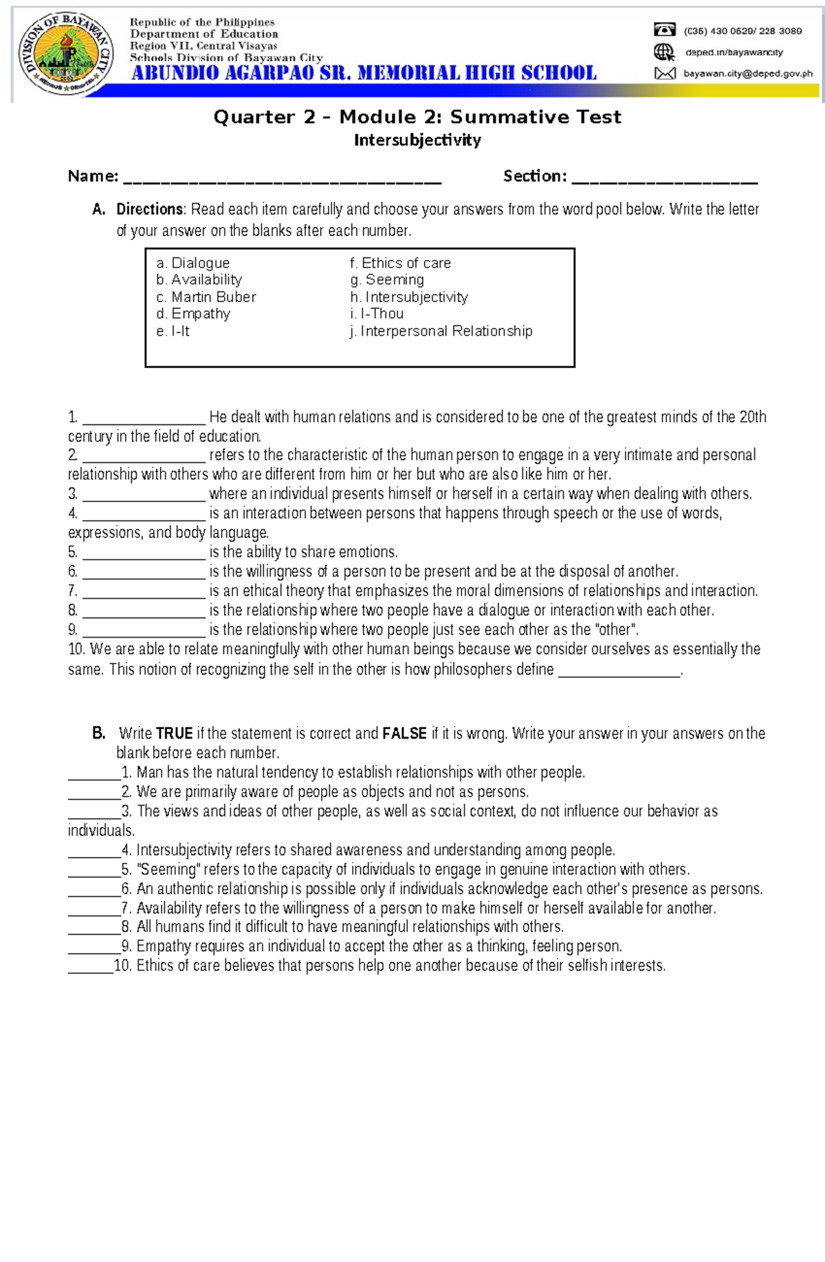 P Quarter 2 Module 2: Intersubjectivity Summative Test - Studocu