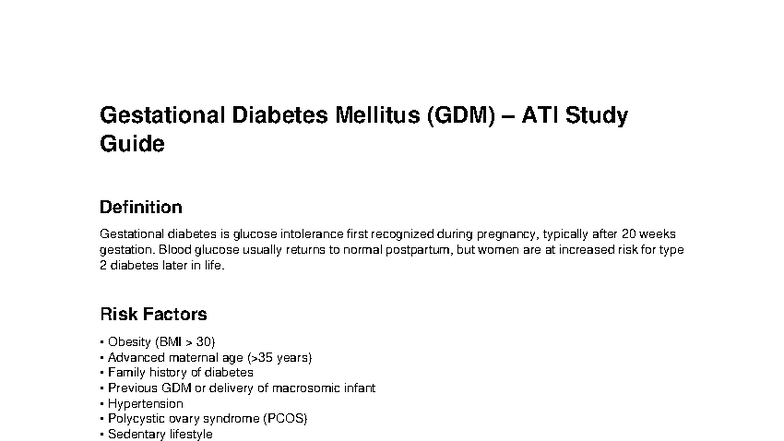 Gestational Diabetes ATI Study Guide - Gestational Diabetes Mellitus ...