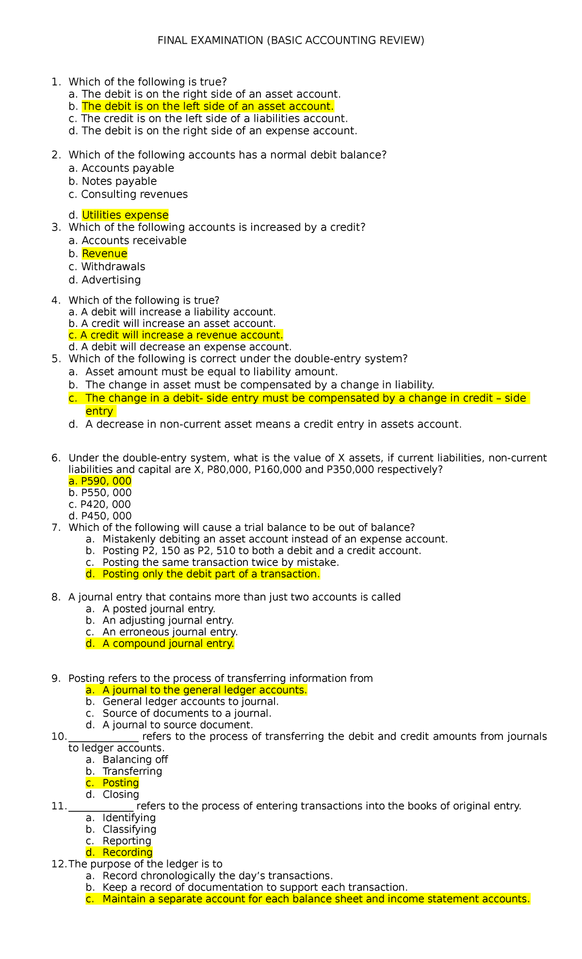 Final Exam Review: Basic Accounting Concepts & Problems - Studocu