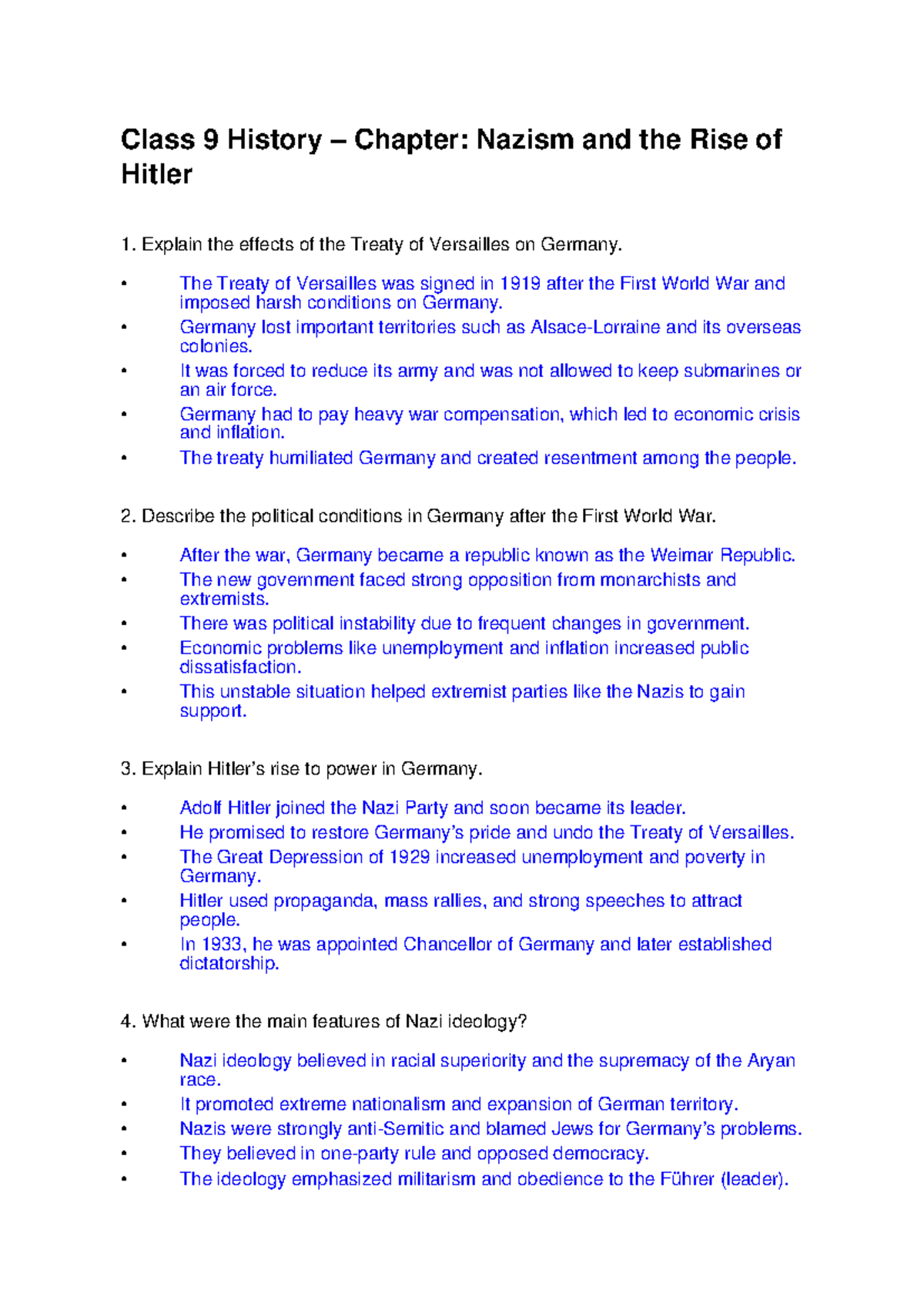 Class 9 History Chapter: Nazism and Hitler's Rise - 3-4 Marks QA - Studocu