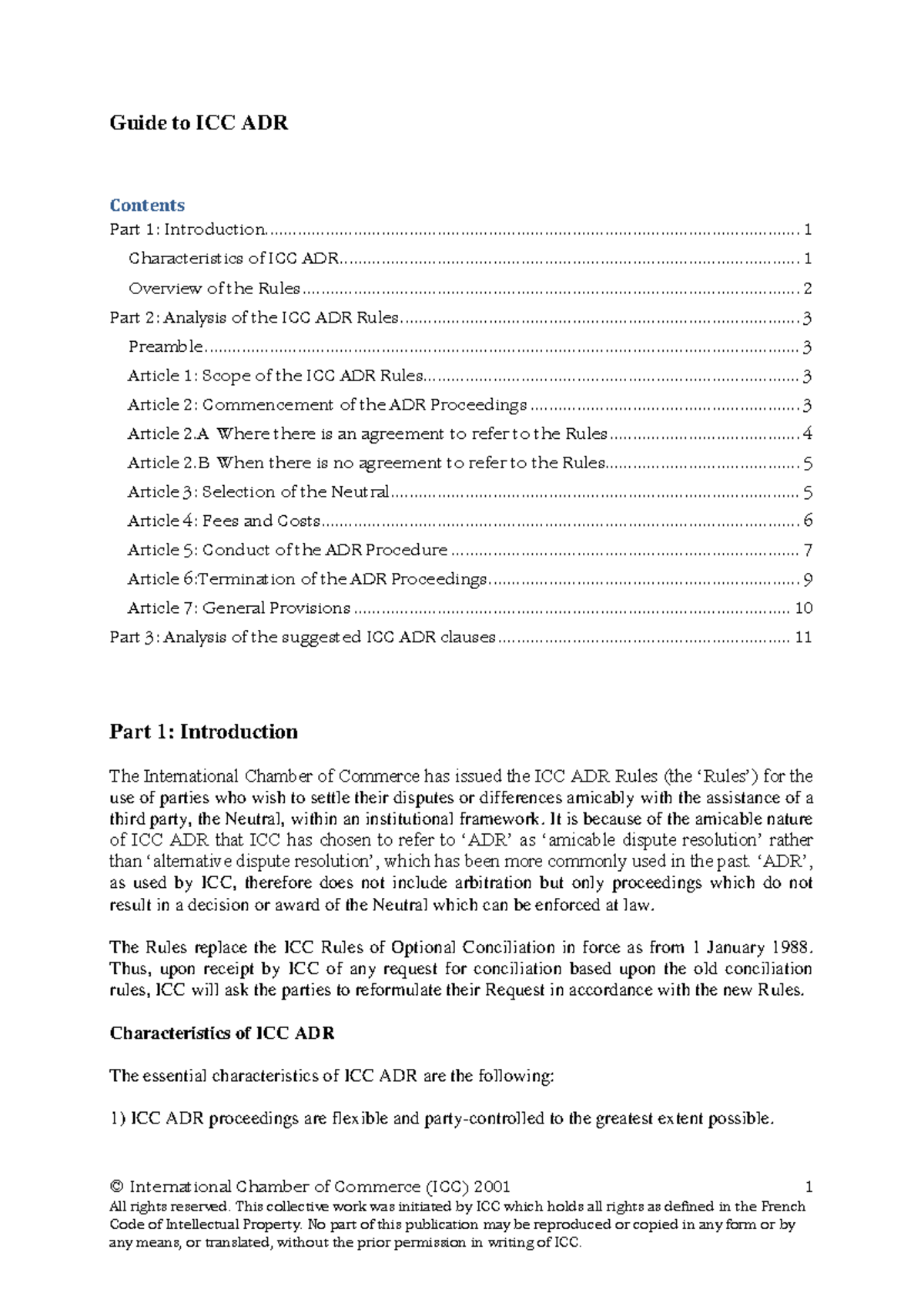 Guide to ICC ADR Rules: Characteristics and Analysis (ICC 2001) - Studocu