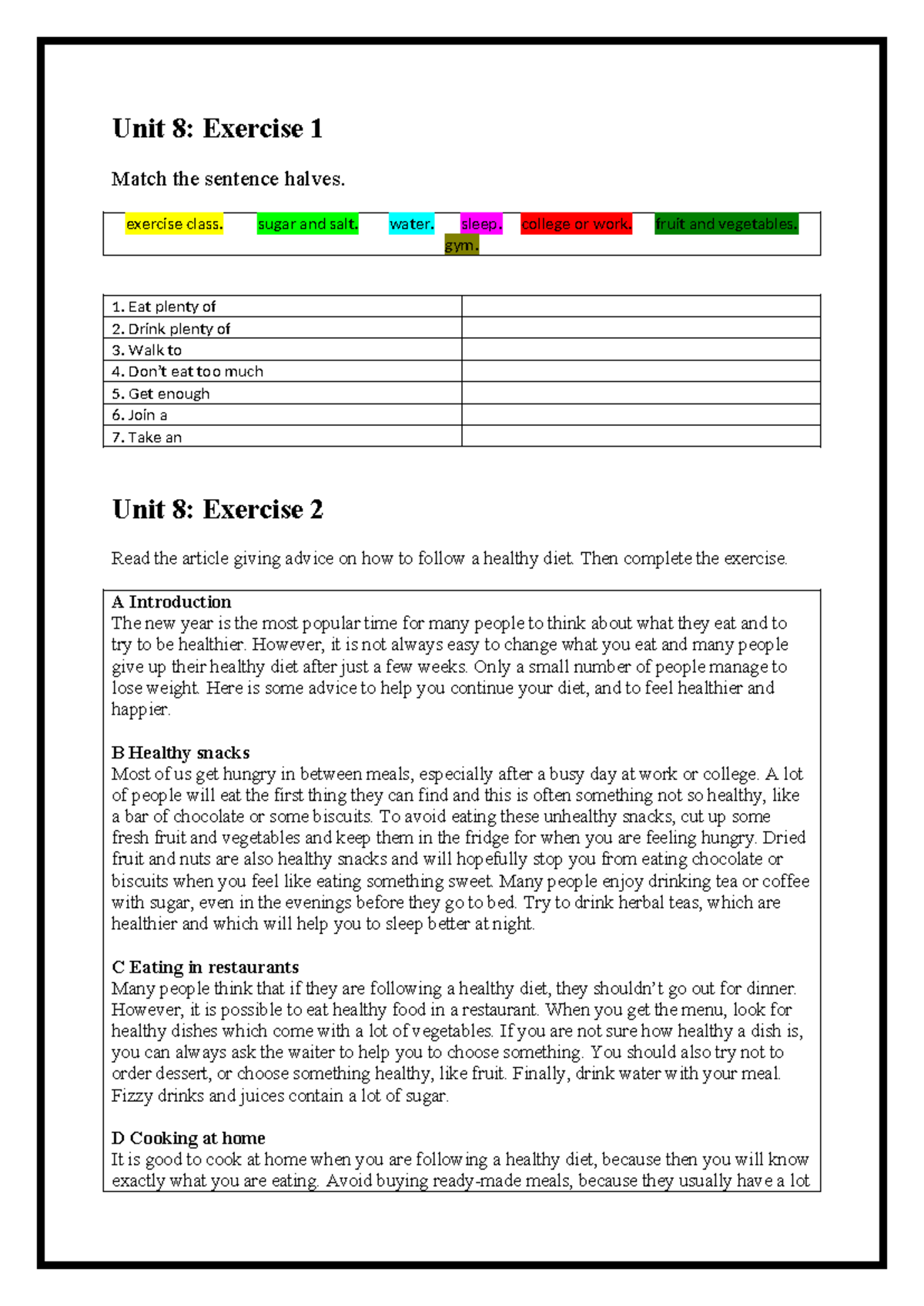 Unit 8 - IELTS: Healthy Diet and Exercise Exercises - Studocu