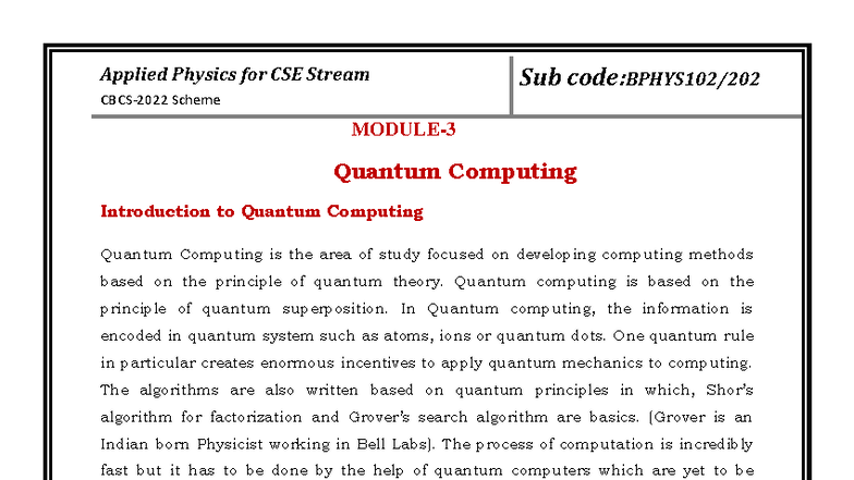 Applied Physics for CSE Stream: Intro to Quantum Computing Concepts ...