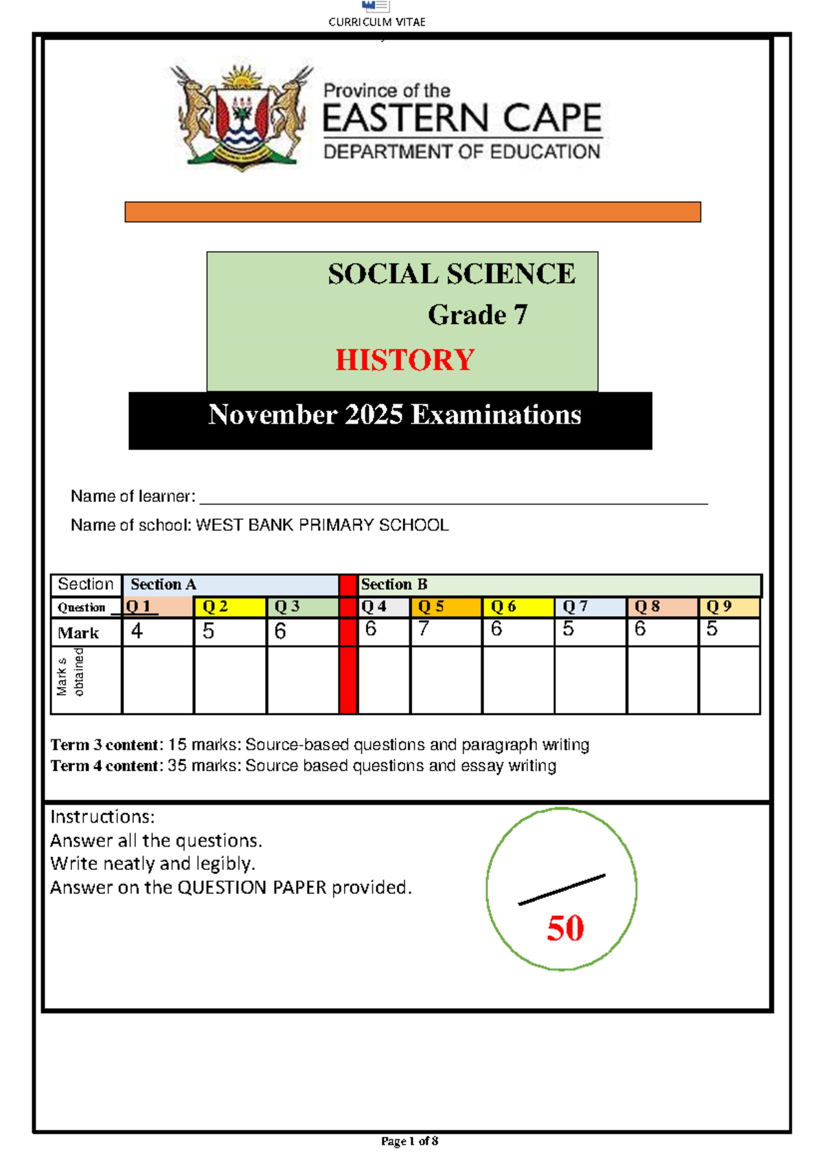 Grade 7 Social Science History CV: November 2025 Exam Notes - Studocu