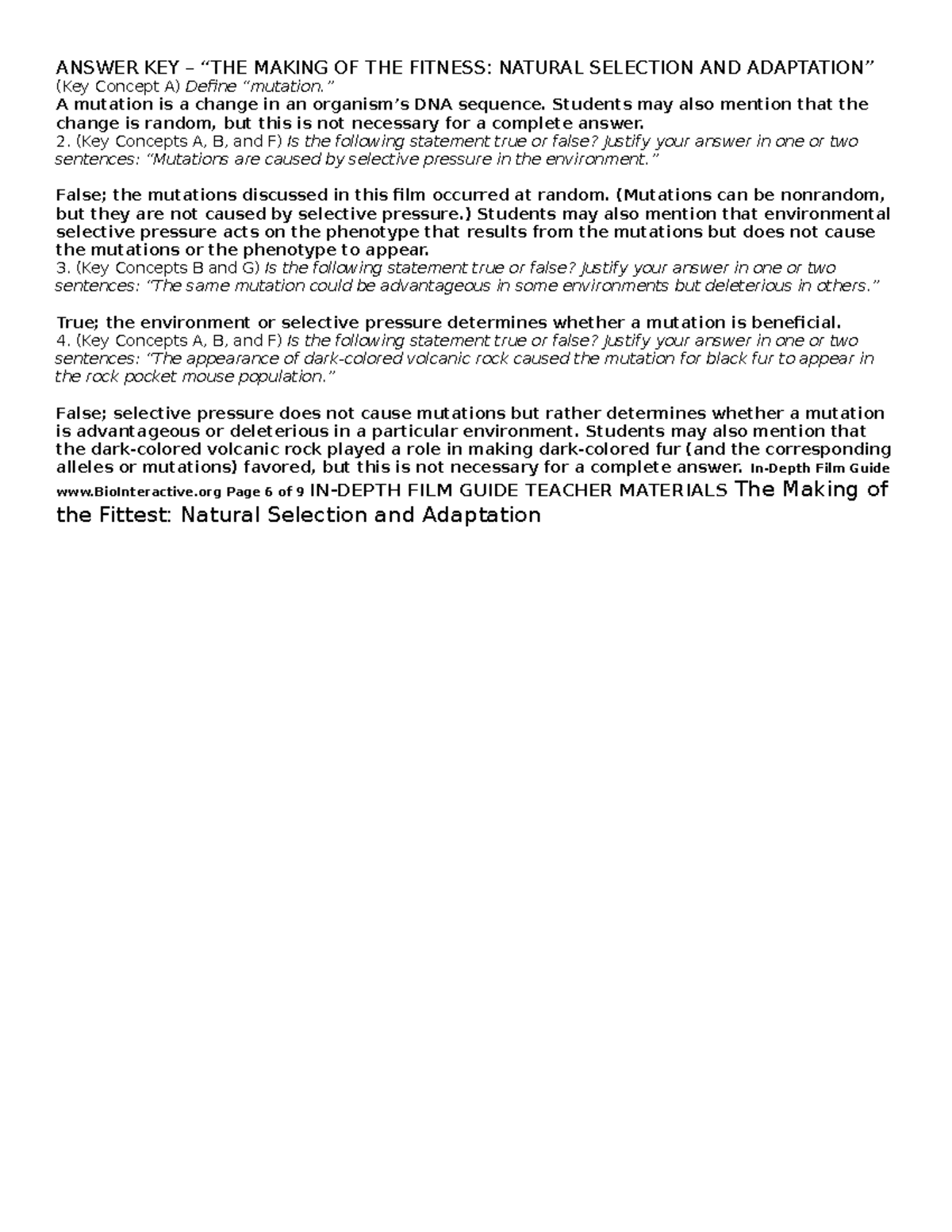 The Making of the Fittest: Natural Selection & Adaptation Key Answers ...