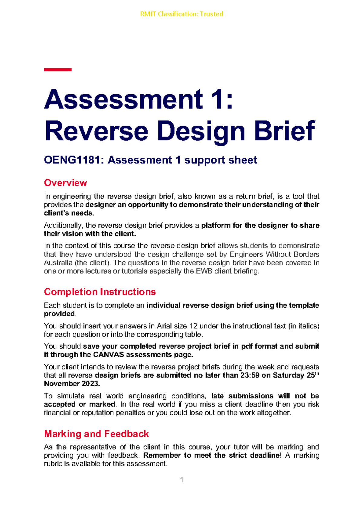 OENG1181 Assessment 1: Reverse Design Brief Template Overview 2023C-1 ...