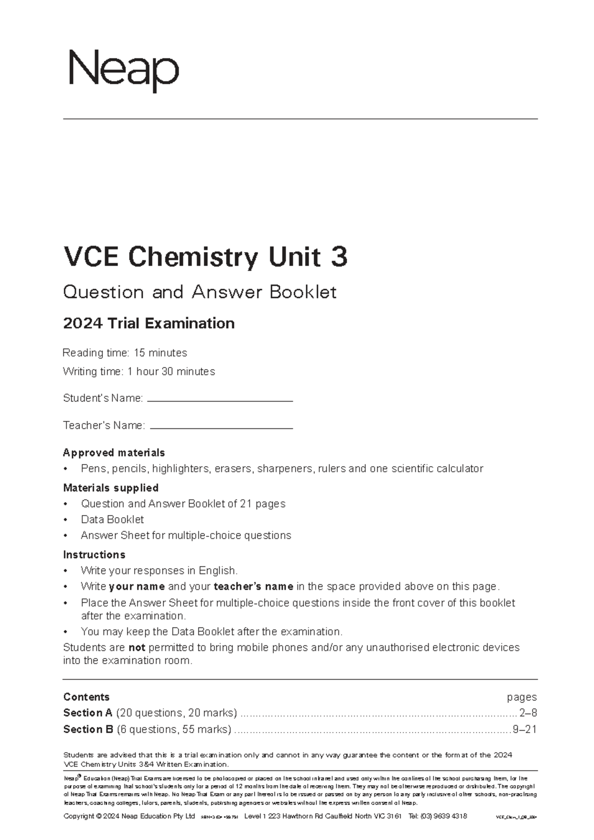 VCE Chem Unit 3 Trial Exam Q&A Booklet 2024 - Studocu