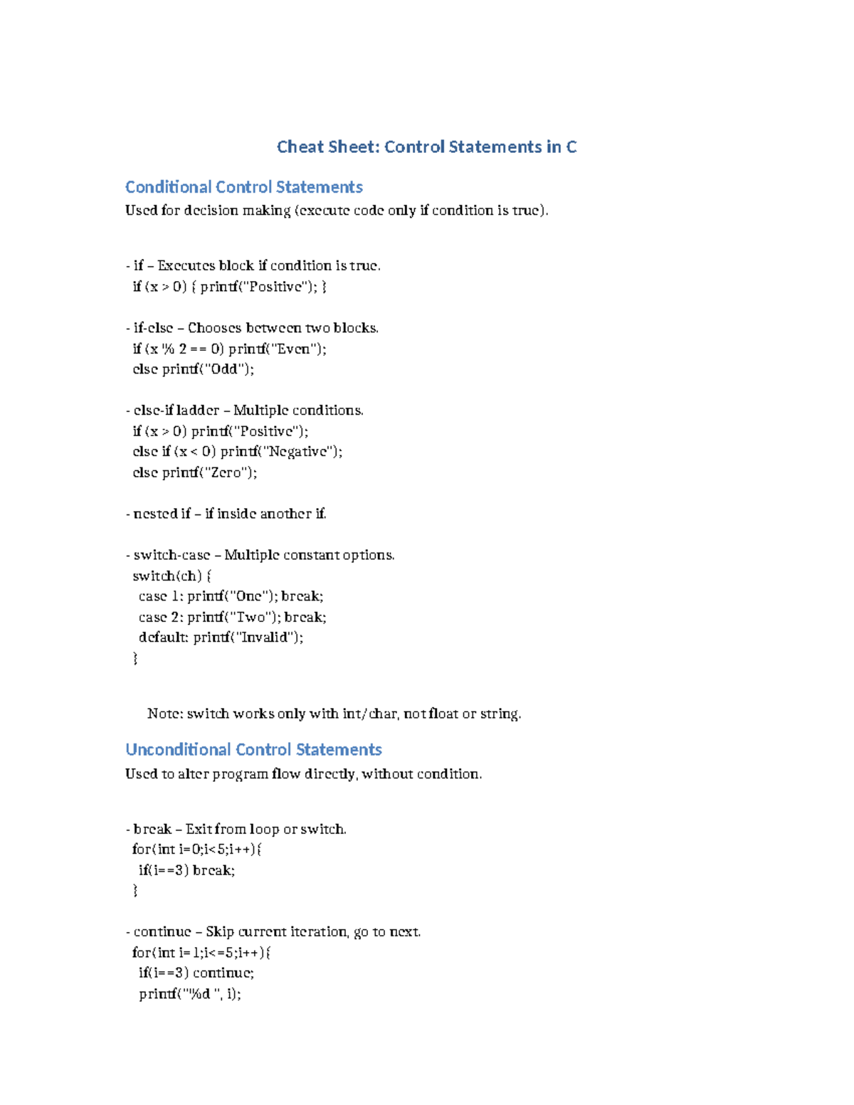 C Control Statements Cheat Sheet: Conditional & Unconditional - Studocu